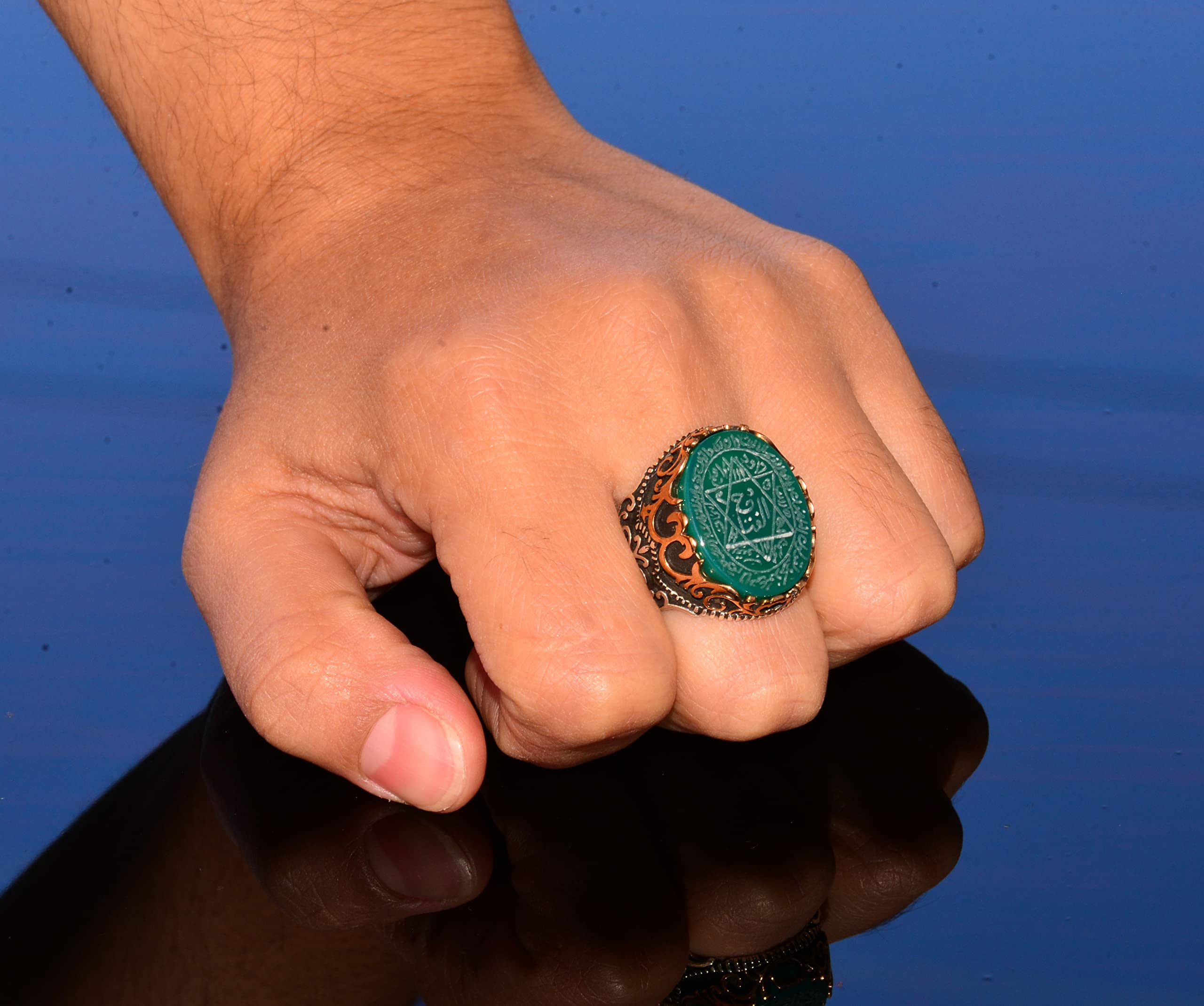 KAMBO Sterling Silver Men's Ring, Natural Black Onyx Gemstone, King Solomon Seal Ring, Unique Handmade Jewelry (Jade)