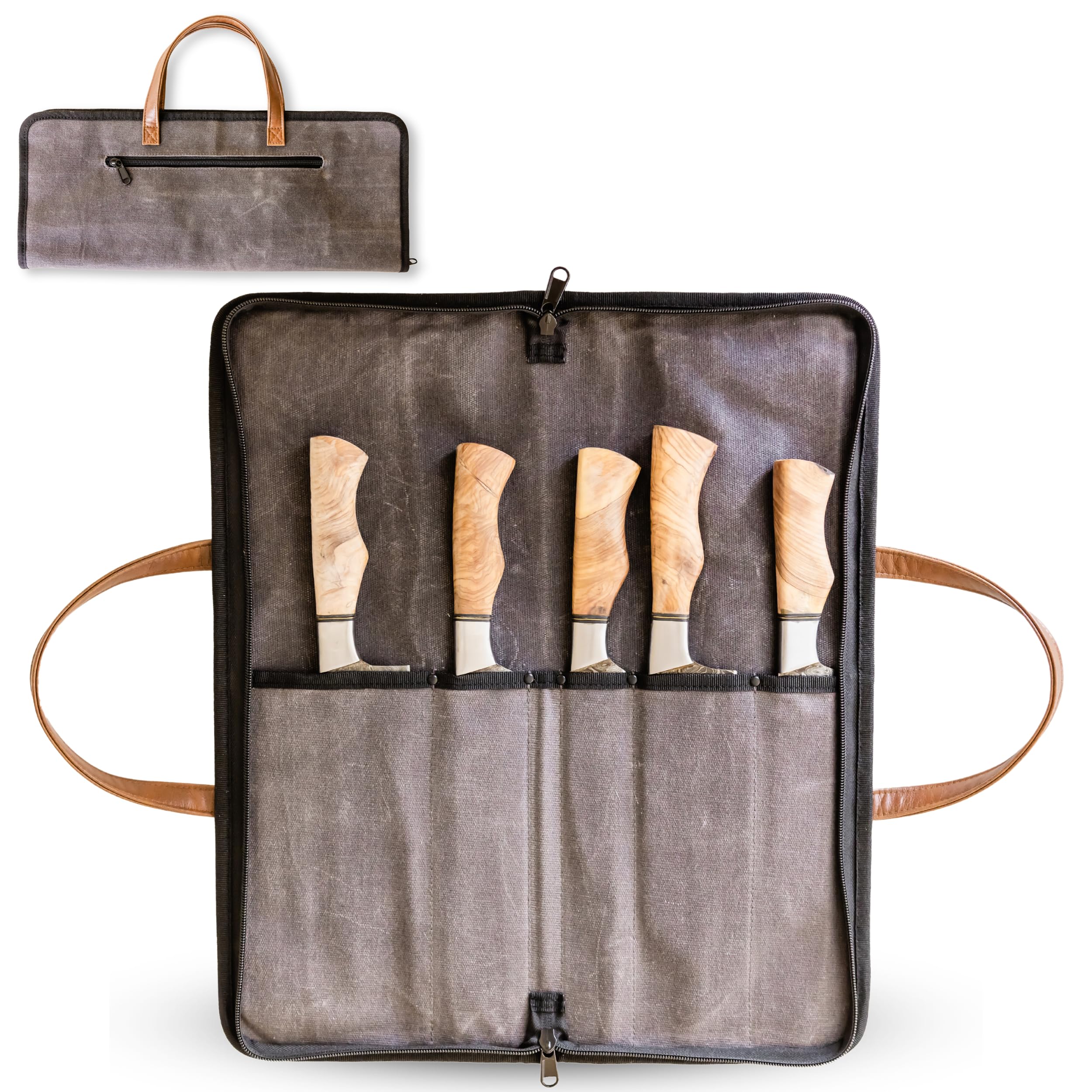 Knife Bag - Durable Waxed Canvas Chef Bag with zipper pocket & 5 slots for knives and kitchen tools, Knife roll for Knives & Kitchen Tools - Knife case for travel