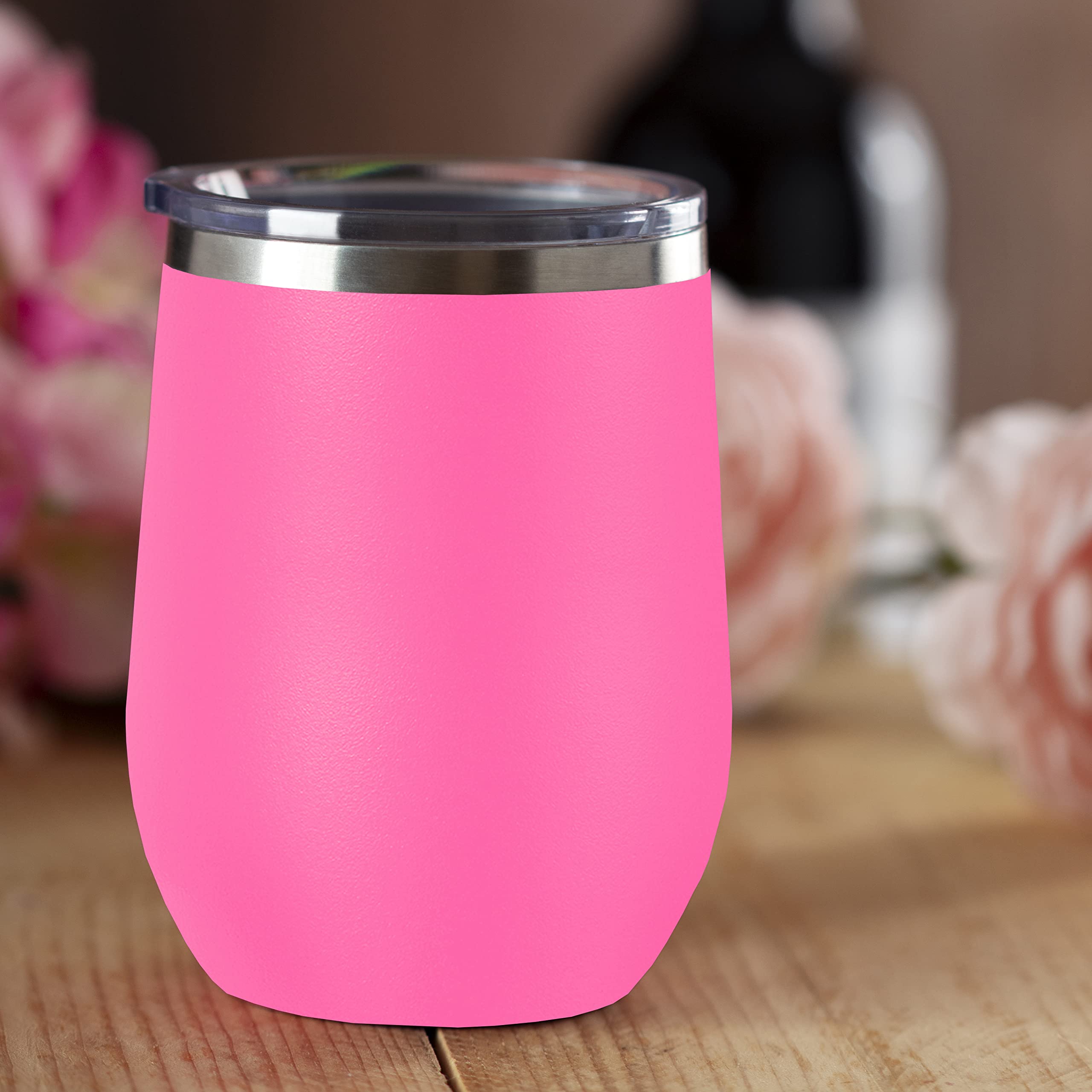 LaserGram Double Wall Stainless Steel Wine Glass Tumbler, Tow Truck Wrecker, Personalized Engraving Included (Pink)