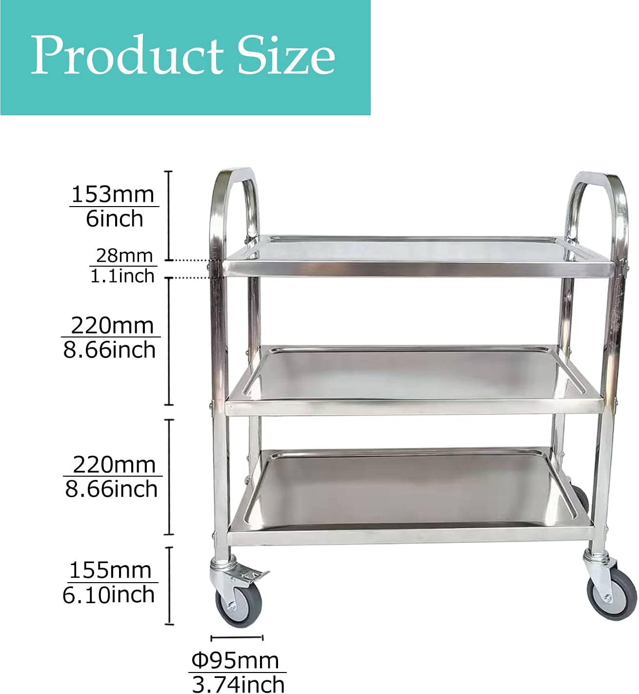 ITINA 3 Tier Stainless Steel Utility Cart with Locking Wheels L29.5× W16× H33inch 330Lbs Total Load Capacity Kitchen Island Trolley Catering Storage Cart for Kitchen Restaurant Hotel Cafe Home