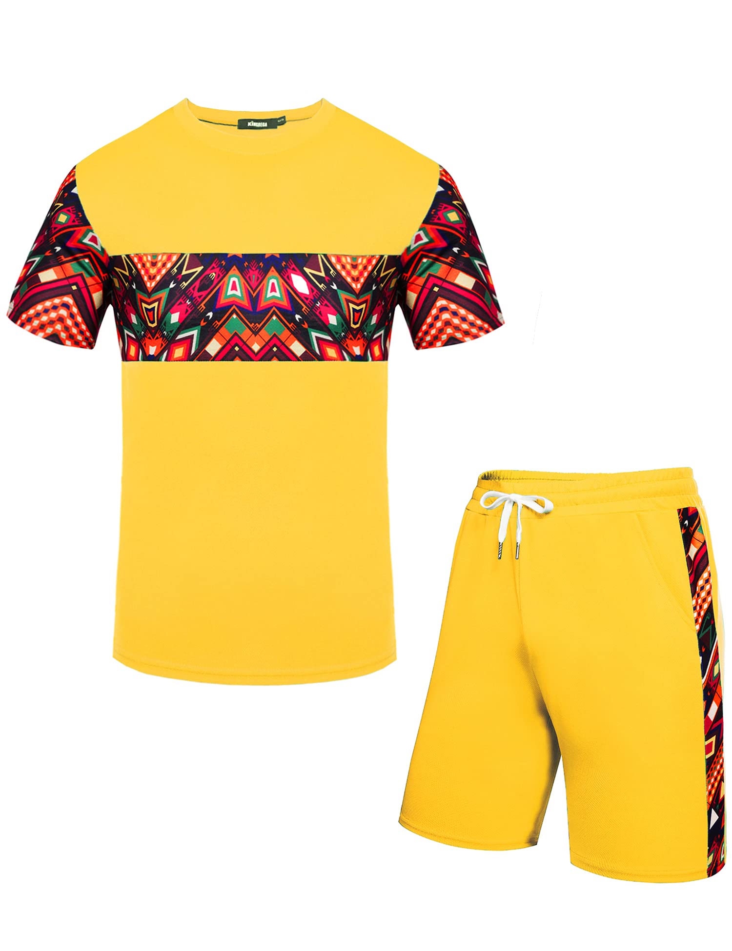 KINGBEGA Men's African Pattern Printed T-Shirt and Shorts Set Sports Mesh Tracksuit Dashiki Outfits