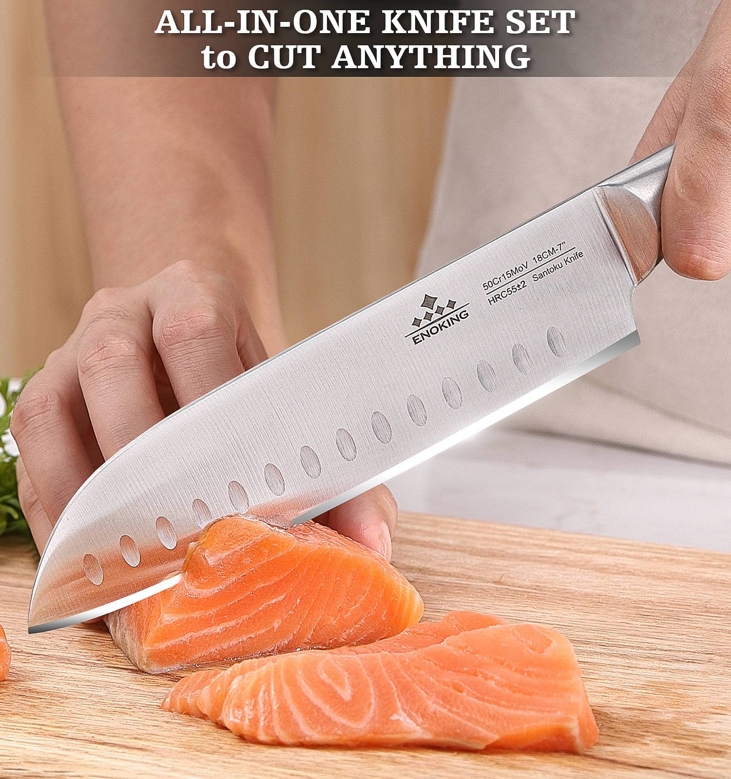Knife Block Set, ENOKING 8 Pieces Kitchen Knife Set with Independent Sharpener, German Stainless Steel Knives Set for Meat, Vegetables, Fruits, Chopping, Slicing, Dicing & Cutting, Ultra Sharp