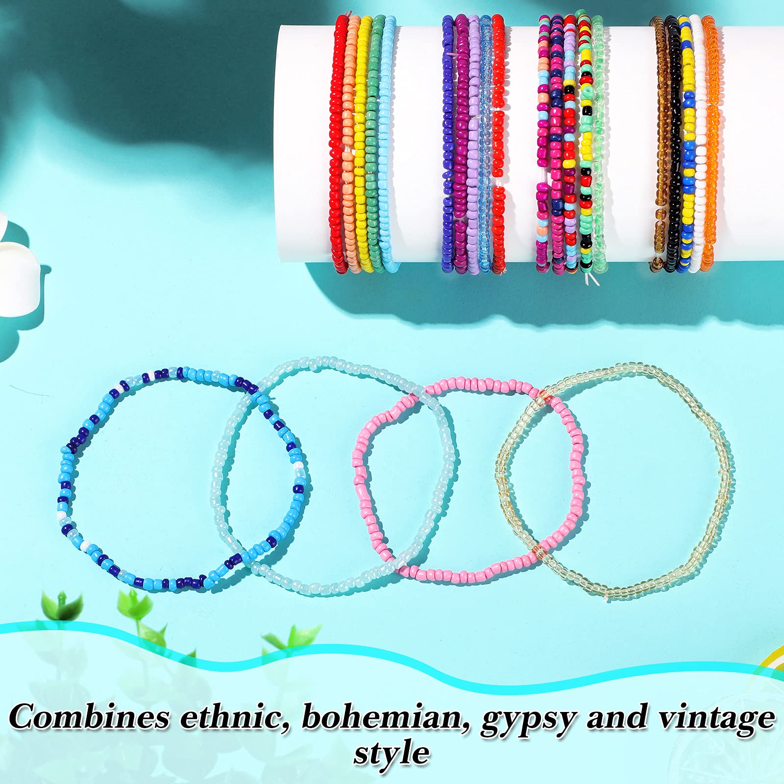 Jadive 24 Pieces Colorful Beaded Anklets Handmade Elastic Boho Beaded Ankle Bracelets Adjustable Foot Chain for Women Girls