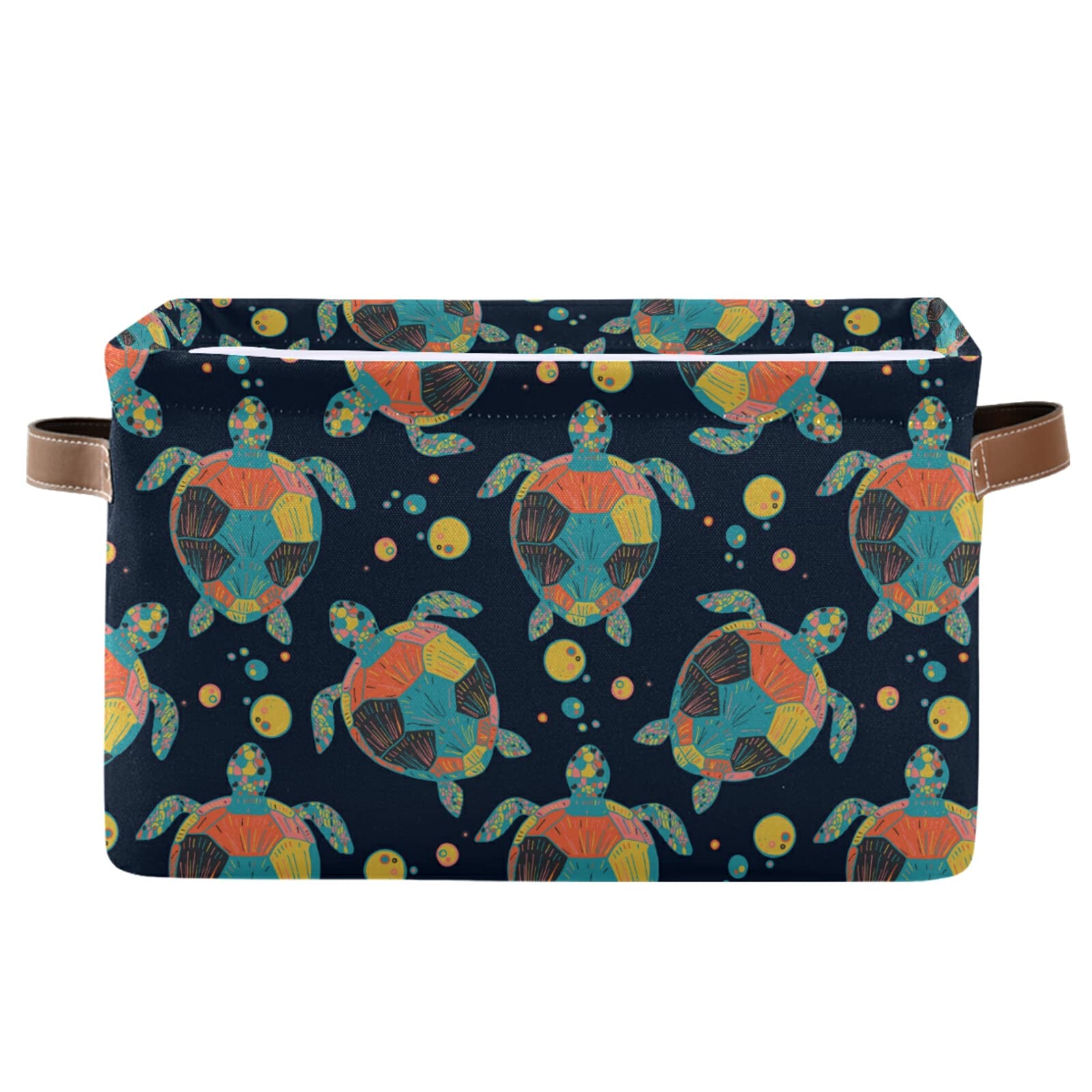 Large Storage Basket Sea Turtle Tropical Fish Cube Storage Bin Canvas Fabric Organizer Handles Collapsible Decorative for Toys Nursery Bedroom