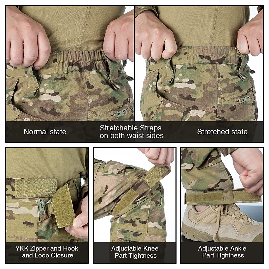 IDOGEAR Tactical Pants for Men Combat Pants with Hidden Knee Pads Military Camo Apparel Ripstop Multi-Pocket Outdoor Trousers (Multi-camo, 36W x 33L)