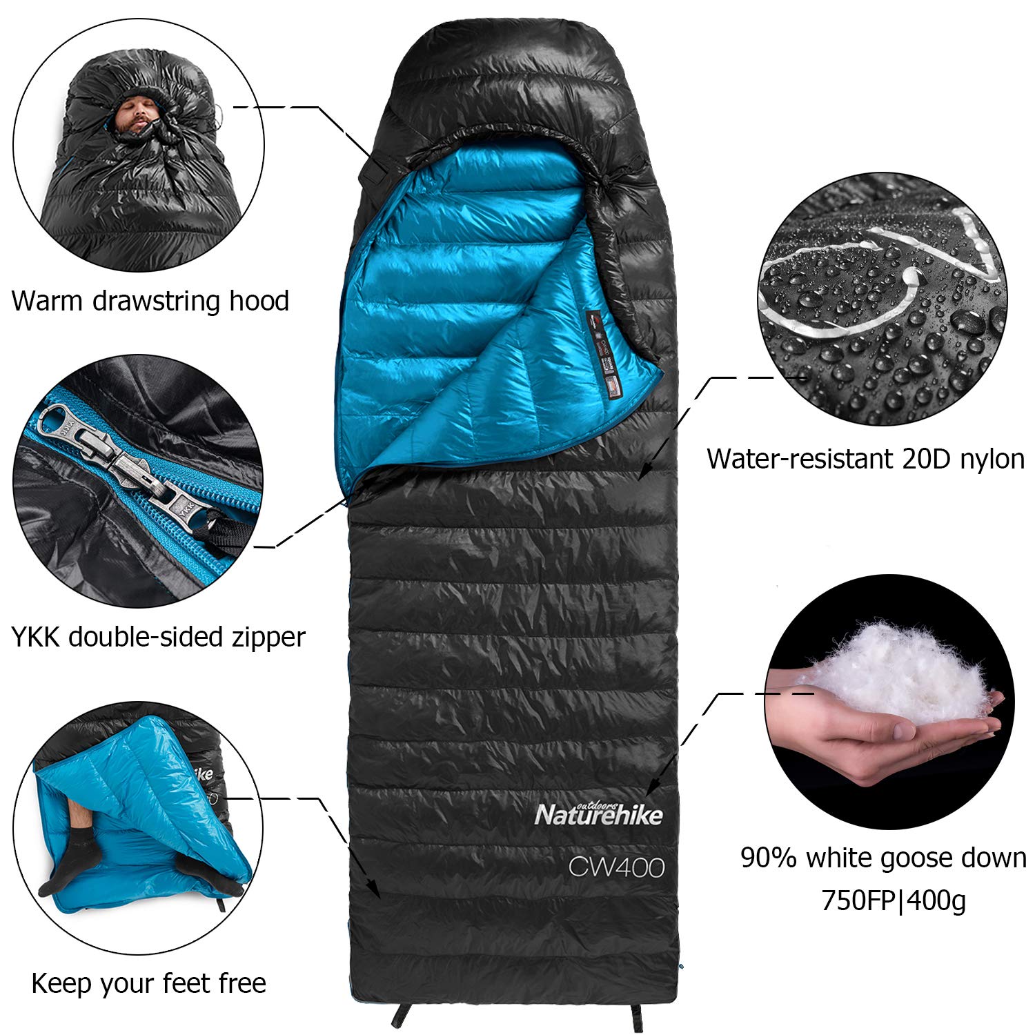 Naturehike Goose Down Sleeping Bag for Adults & Kids 750/550 Fill Power 3-4 Season,Compact Cold Weather Ultralight Portable Waterproof Sleeping Bag for Backpacking Hiking Camping with Compression Sack