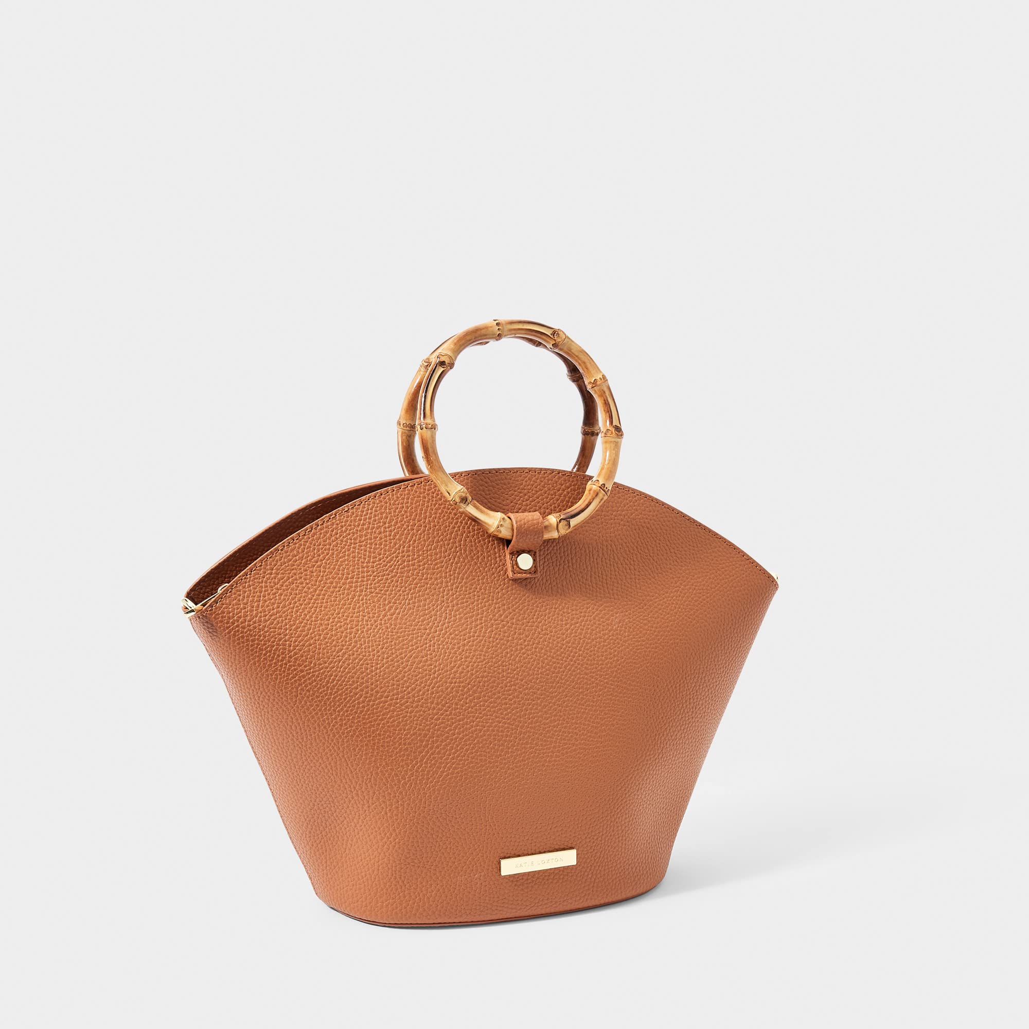 KATIE LOXTON Capri Womens Large Vegan Leather Convertible Bamboo Round Top Handle Shoulder Bag Cognac