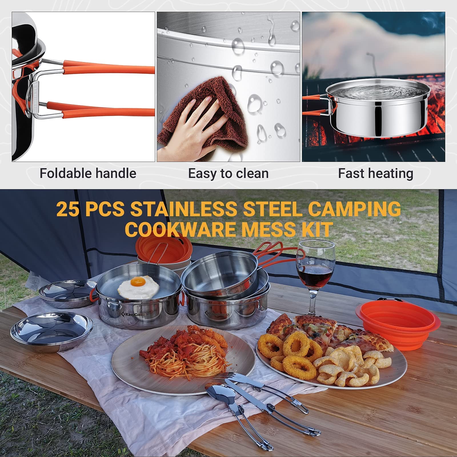 KingCamp 17 PCS Stainless Steel Camping Cookware Mess Kit Lightweight Compact Backpacking Cooking Set for Outdoor Picnic Hiking includes Pot Pan Bowls Plates Knife Spoon Fork 2 Persons