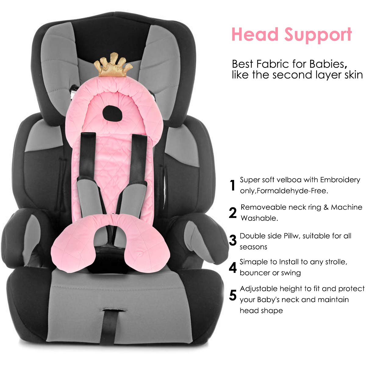 Infant Baby Head Support Pillow, Pink White Royal Princess, Toddler Breathable Head Neck and Body Support for Car Seats and Strollers