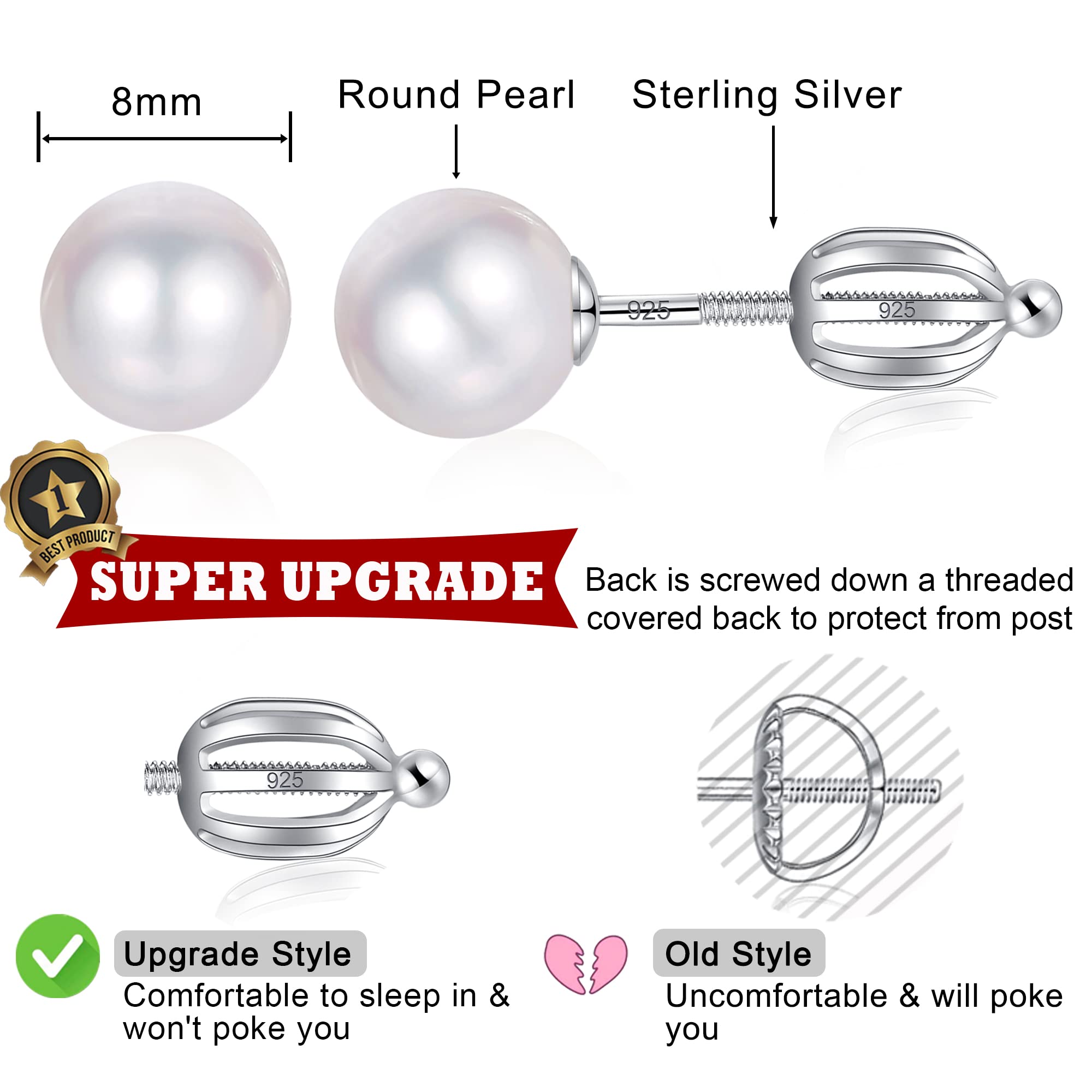 LUCKMORA Pearl Screw Back Earrings for Women Sterling Silver Hypoallergenic 8mm Simulated Pearl Earrings Studs 18k White Gold Plated (pearl-white)