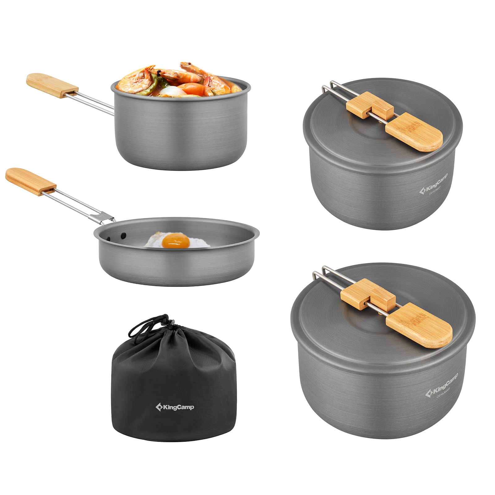 KingCamp 7pcs Camping Cookware Mess Kit Aluminum Folding Camping Pots and Pans Set with Bamboo Handle Lightweight Backpacking Cooking Set Outdoor Cook Gear for Family Hiking Picnic