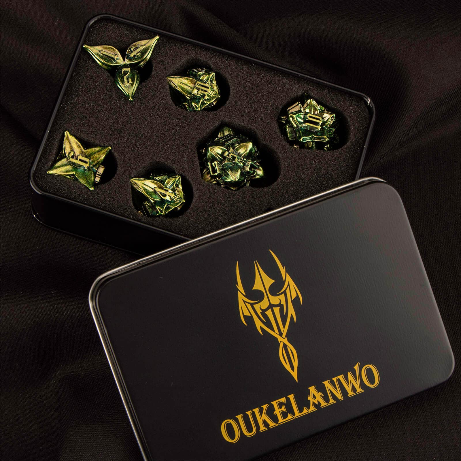 OUKELANWO DND Dice Set, Leaf RPG Role Playing Dice with Box, Dungeons and Dragons Dice Set D&D, Green Purple Metal Polyhedral D and D Dice D20 D12 D10 D8 D6 D4