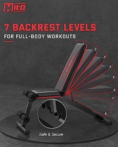 HITOSPORT Adjustable Weight Bench for Full Body Exercise, Foldable Strength Training Bench Press with Resistance Bands for Home Gym & Body Workout Newly Upgraded