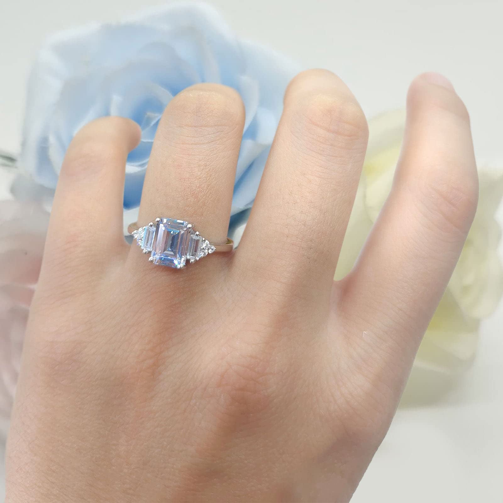 OMRANII Simulated Cubic Zirconia Size-10 Emerald Cut Art Deco Bridal Wedding Engagement Ring Baguette CZ 925 Sterling Silver