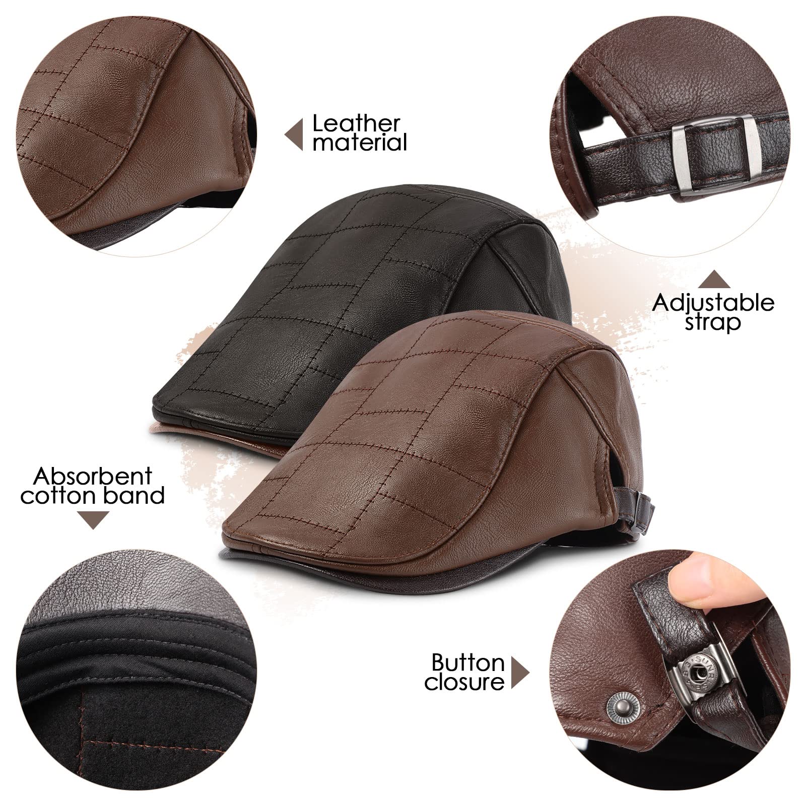 Men PU Leather Cap 2 Pieces Adjustable Newsboy Hat Winter Hat for Men Light Brown and Black Fishing Hat Leather Hats for Men
