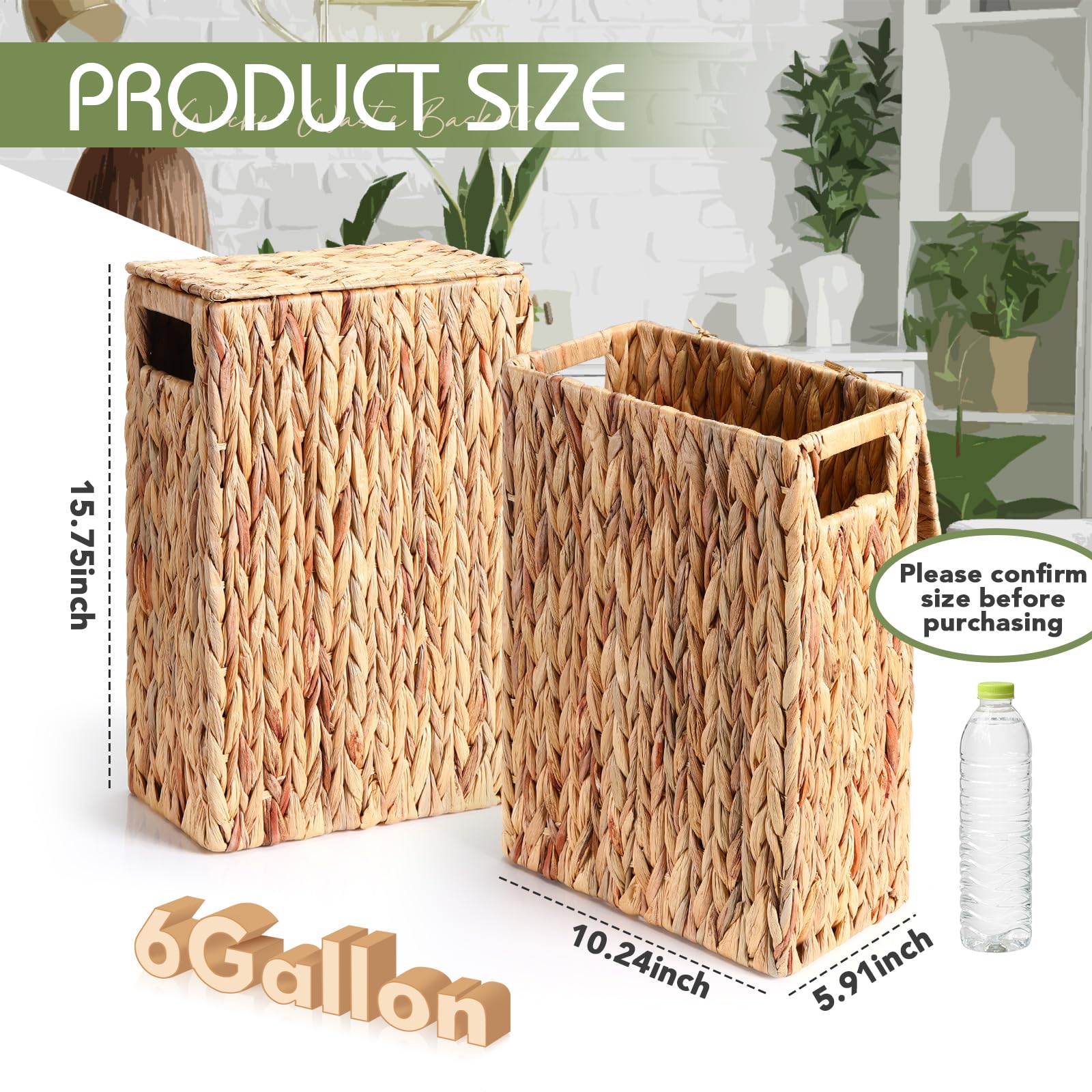 Vesici 6 Gallon Wicker Waste Basket with Lid Wicker Trash Can with Built-in Handles Handwoven Wicker Garbage Can for Bedroom, Bathroom, Kitchen, and Office