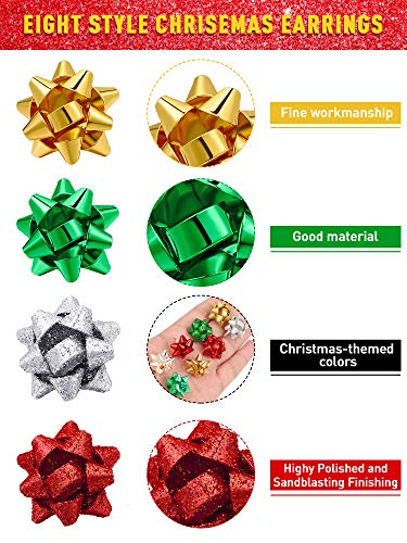 Hicarer 8 Pairs Christmas Bow Earrings Glitter Xmas Bow Stud Earrings Holiday Christmas Bow Multi Earring Set for Women