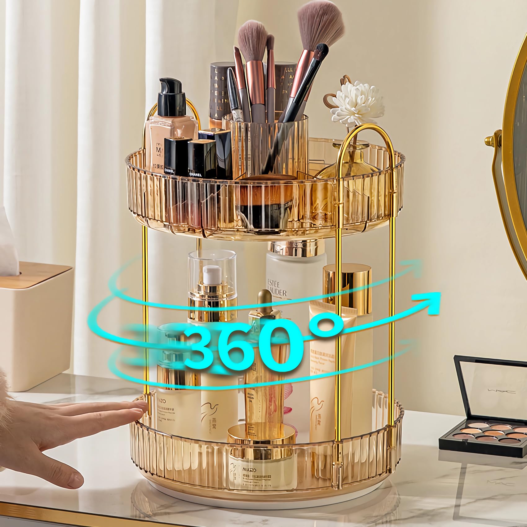 LAECHATAR Rotating Makeup Organizer for Vanity 2 Tiers, Large Capacity Skincare Organizers and Storage, Perfume Organizer Countertop, Spinning Bathroom Lazy Susan (Vintage Gold)