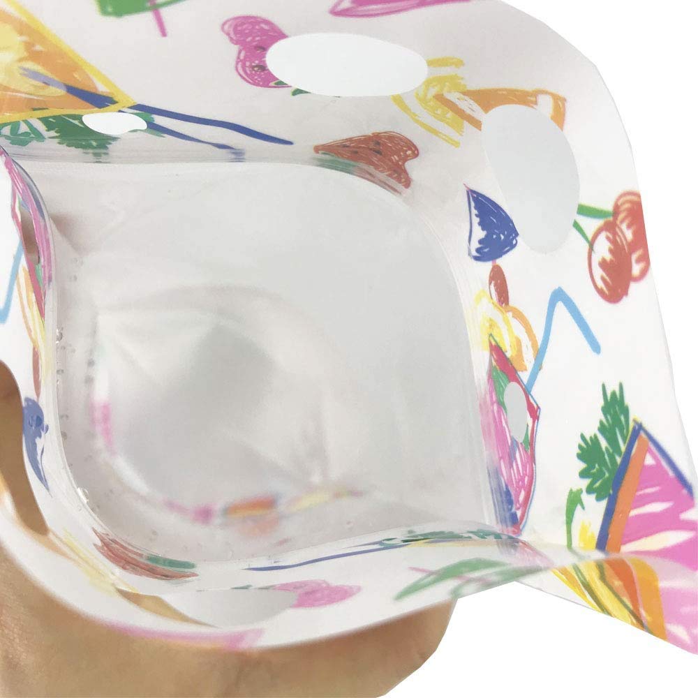 LASLU Zipper Clear Stand-Up Pouches Bags with Plastic Straw,8mil Heavy Duty Hand-held Drinking Bags 1.5" Bottom Gusset, 100 Pack (400ml, Fruits)