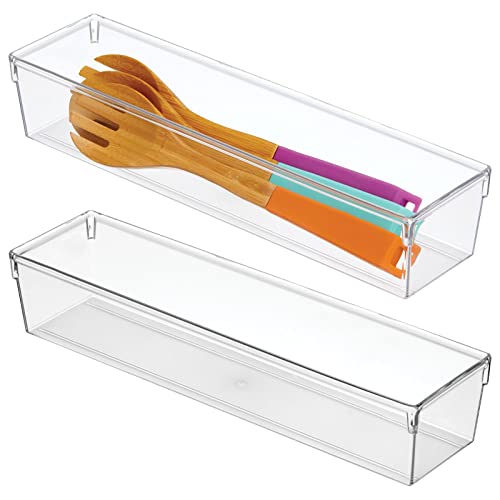 mDesign Plastic Stackable Kitchen Drawer Storage Organizer Tray Containers for Pantry, Drawers, Cupboard, Shelf, or Counter - Holds Utensil, Gadget, and Snacks - Lumiere Collection - 2 Pack - Clear