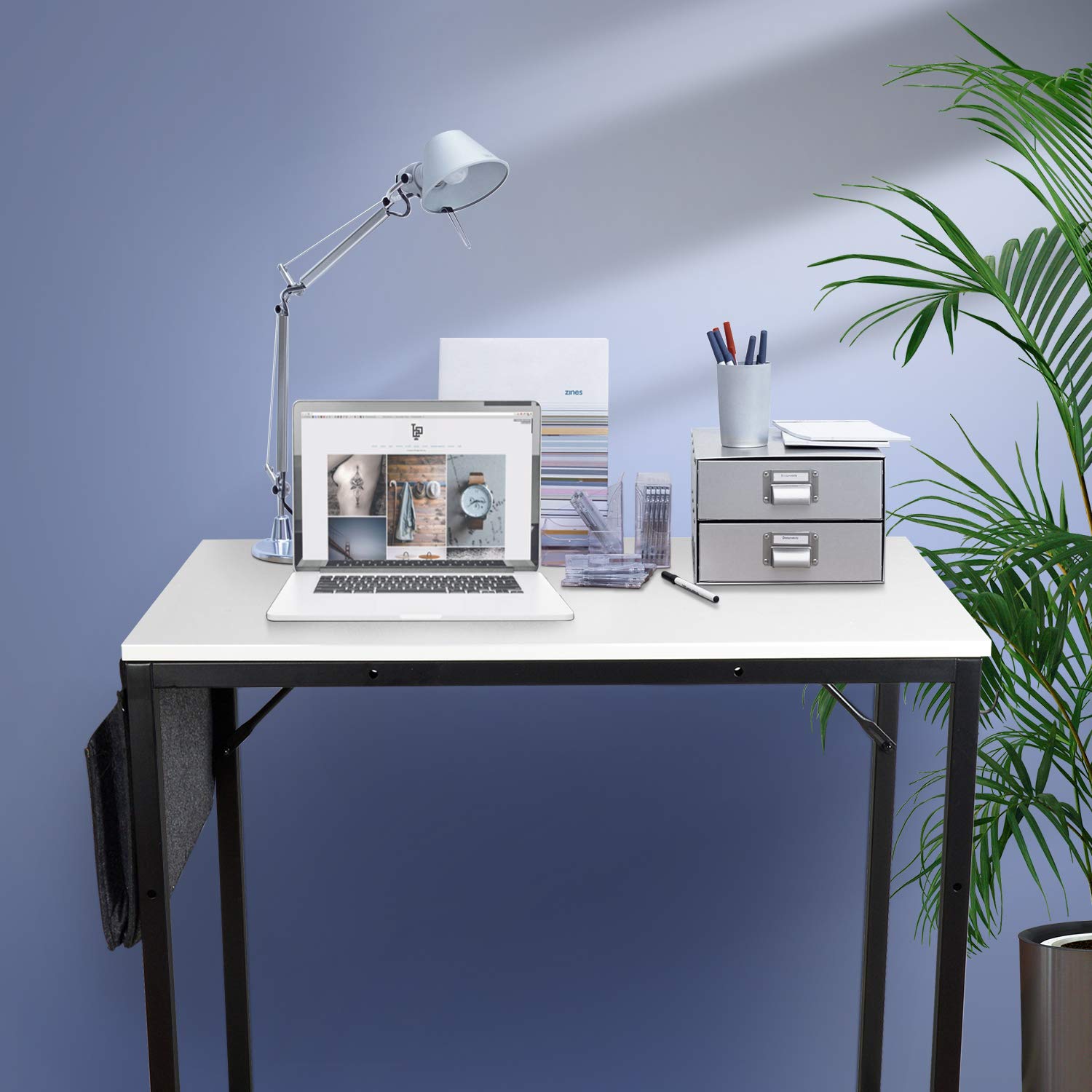 iPEGTOP 39.4" Small Computer Desk with Headphone Hook Storage Bag, Simple Writing Table for Home Office Students, Sturdy PC Laptop Desk, Black Metal Frame Industrial, White