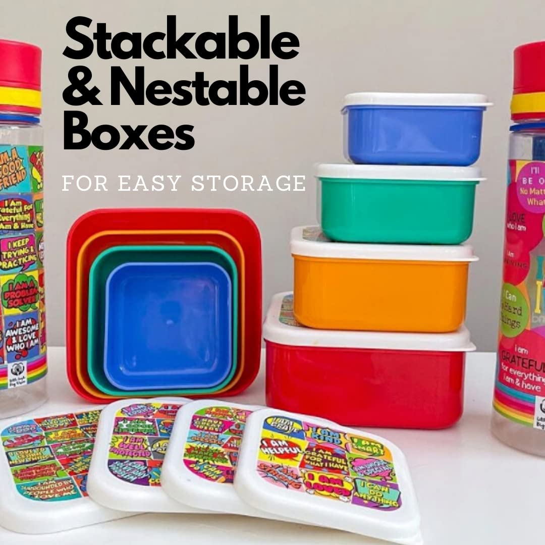Kids Lunch Box Set, Snack Box, BPA Free Plastic Storage Boxes, Kids Snack Pots, Kids Lunch Box, Great for Picnics, Meal Prep, Mindfulness, Positive Affirmations (Set of 4)