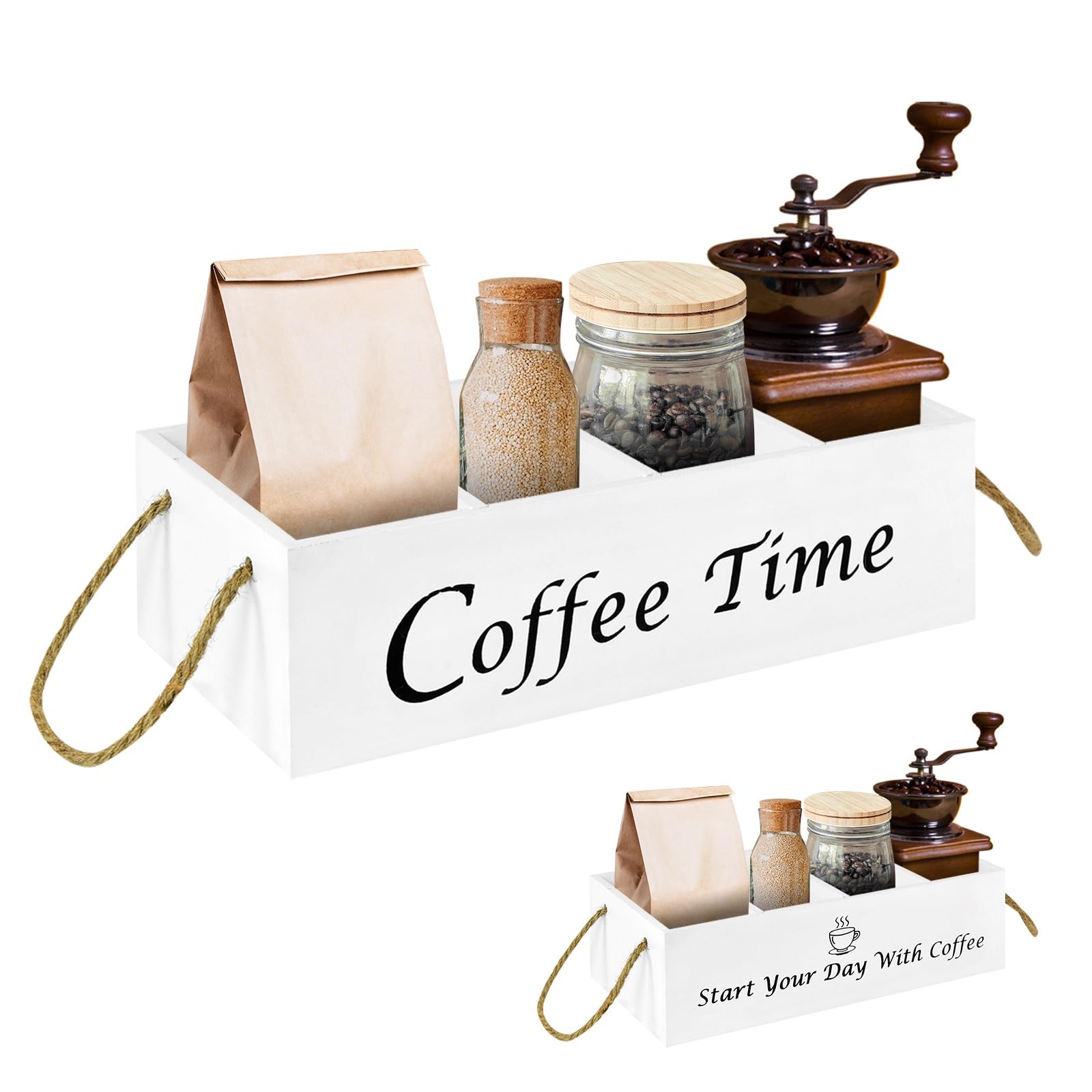 LadyRosian Coffee Station Organizer - 2 Funny Sides Wooden Coffee Bar Organizer with Removable Dividers for Countertop, White