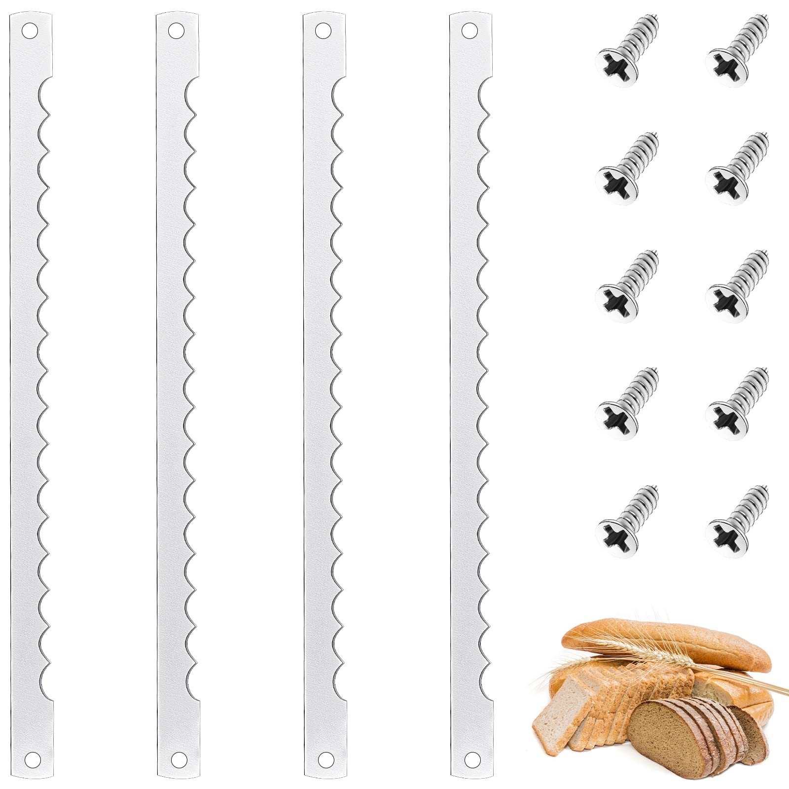Lasnten 4 Pcs Bread Bow Knife Blades Stainless Steel Replacement Blade Serrated Bread Blade with Screws for Wooden Bread Knife