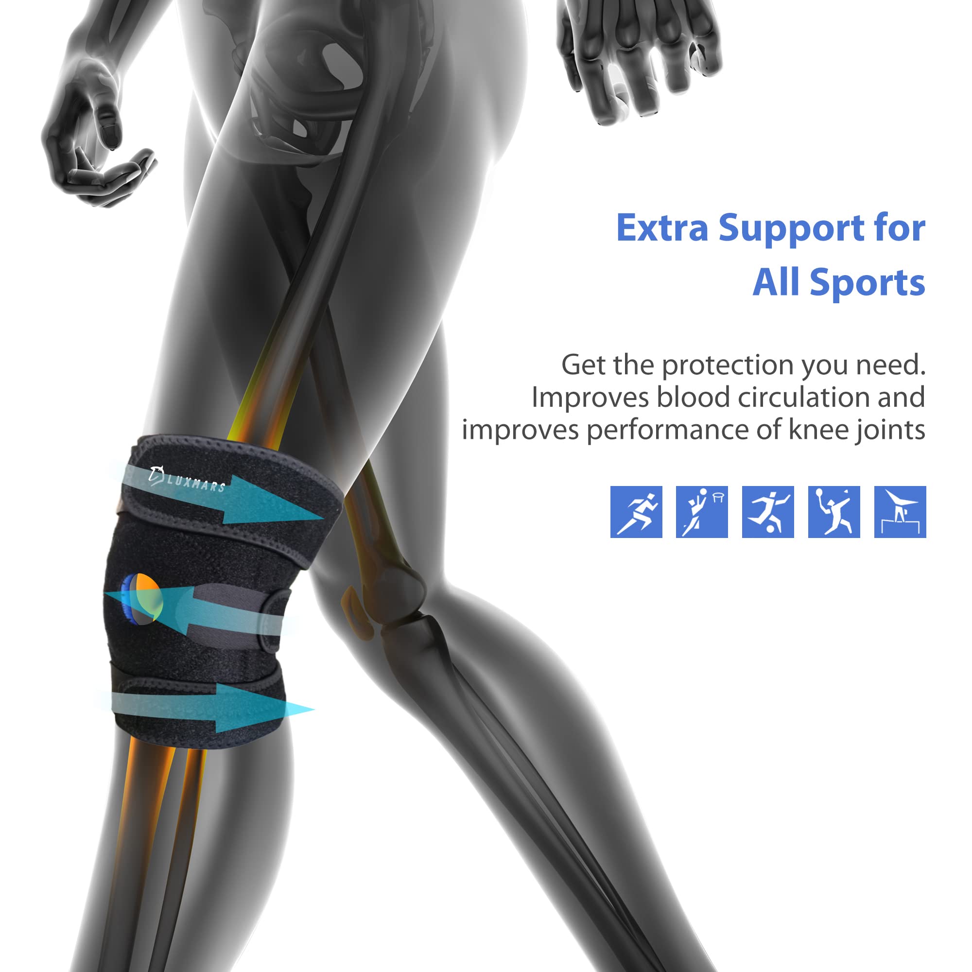 LUXMARS Knee Brace, Knee Support for Knee Pain Meniscus Tear ACL MCL Adjustable Knee Support for Men and Women Black