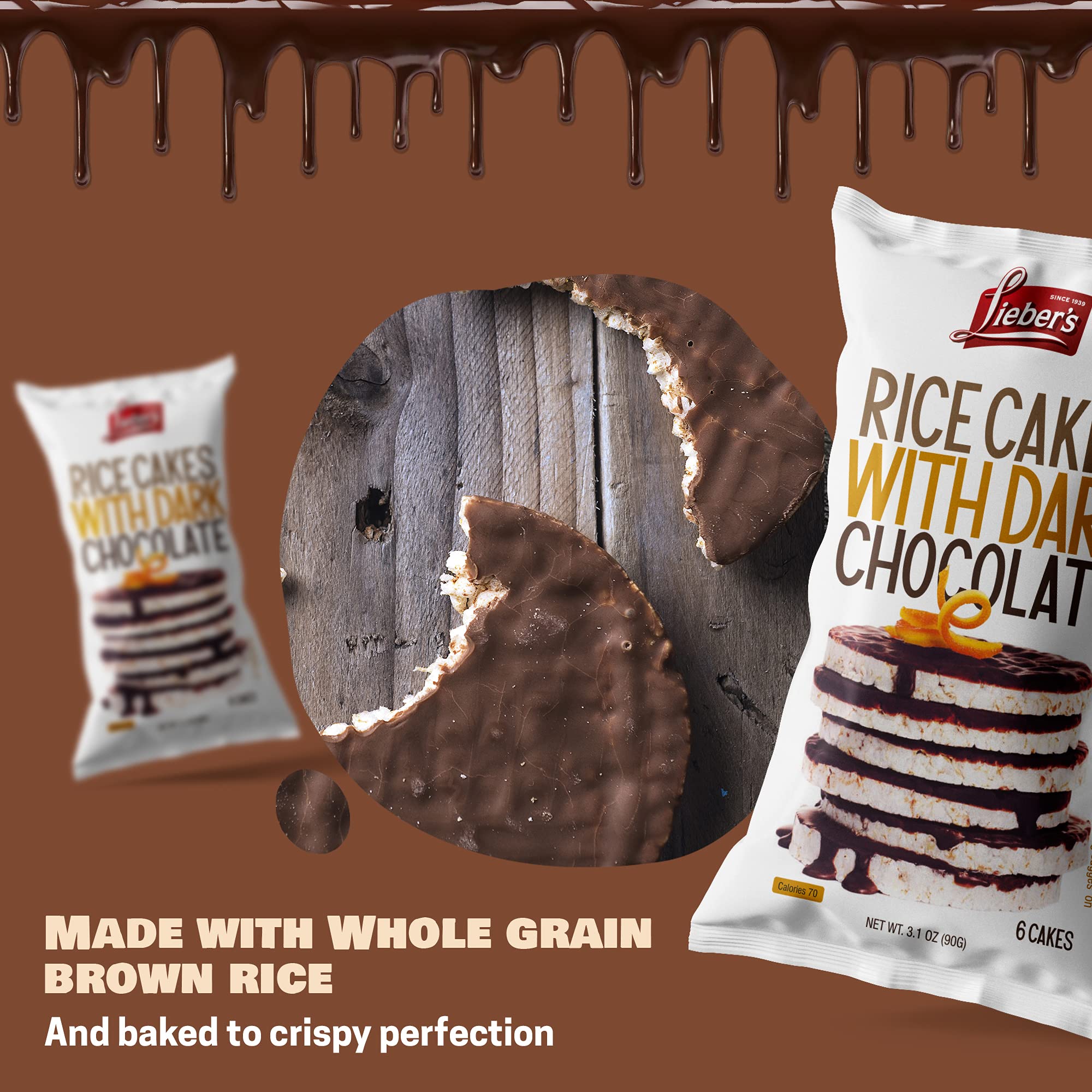 LIEBERS Dark Chocolate Rice Cakes, Kosher Certified Dairy Free, Gluten Free Snack (Dark Chocolate) Pack Of 3