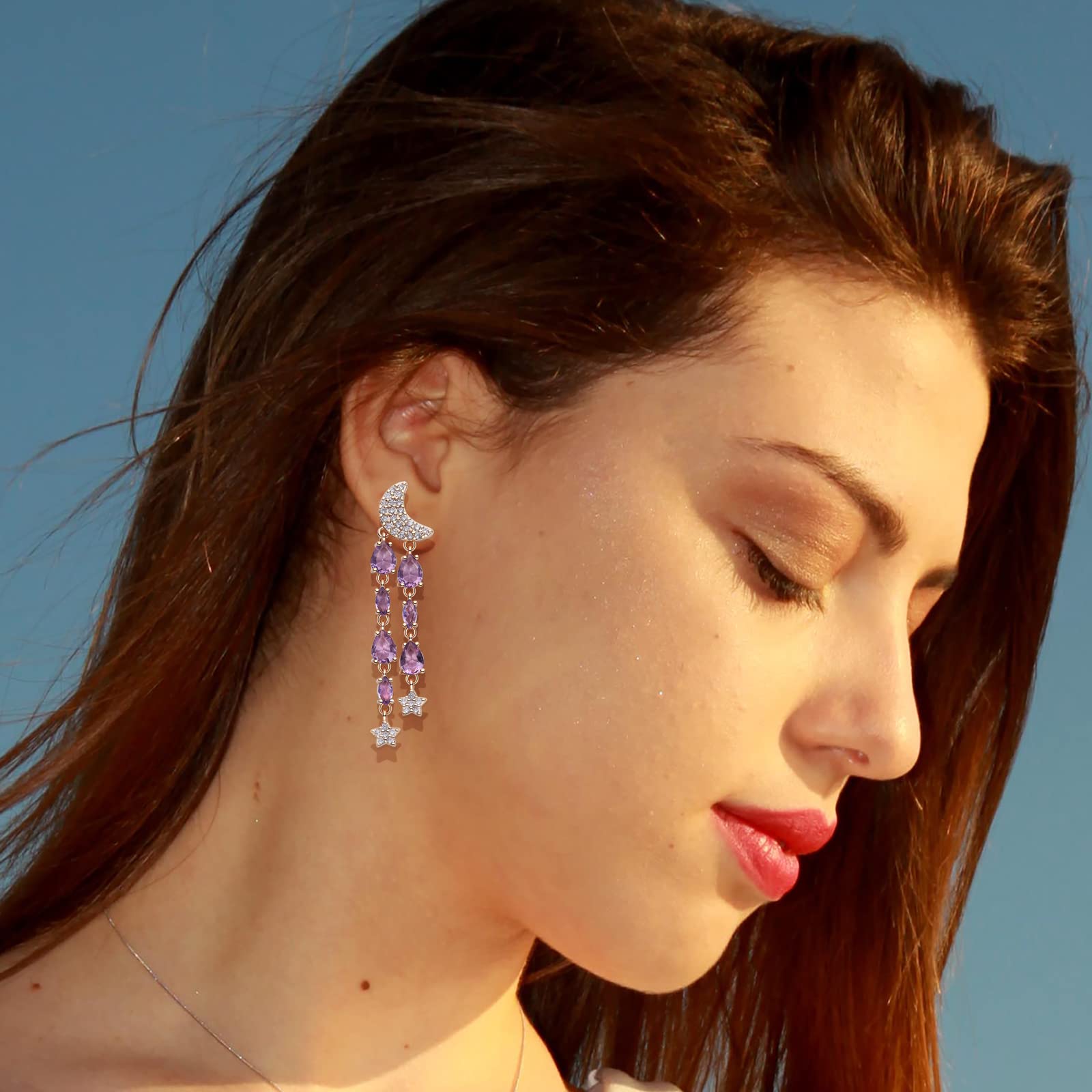 Metmolley Teardrop Crystal Dangle Earrings Tassel Moon and Star Earrings for Women (Purple)