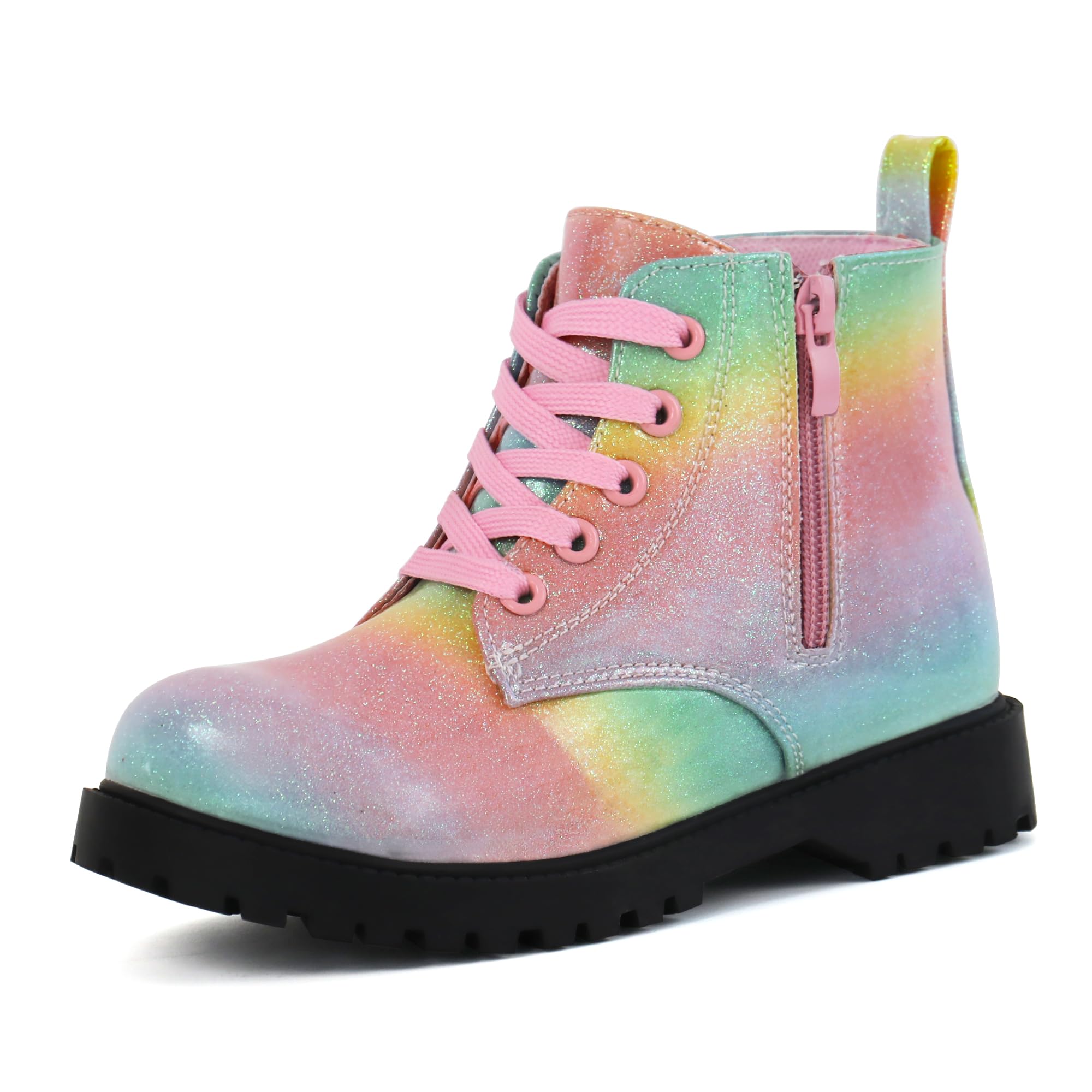 JABASIC Girls Ankle Boot Side Zipper Lace Up Work Boots (2,Rainbow)