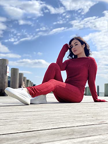 KANSOON Jogging Suits for Women 2 Piece Bodycon Sweatsuits Long Sleeve Pullover Top Jogger Pants Workout Set Wine Red XL