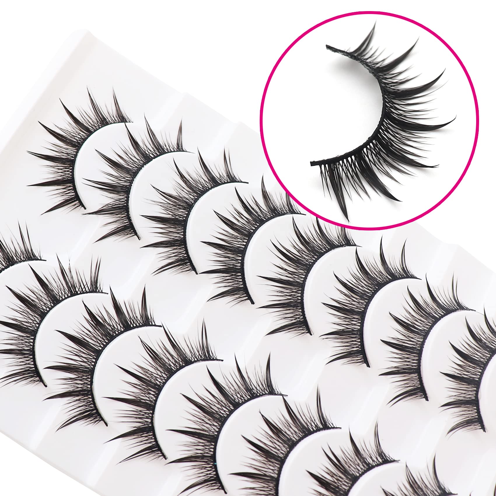 Losha Lashes Spiky False Eyelashes 16mm Wispy Manga Lashes Natural Wet Look 10 Pairs Reusable Fake Eye Lashes Pack (01)