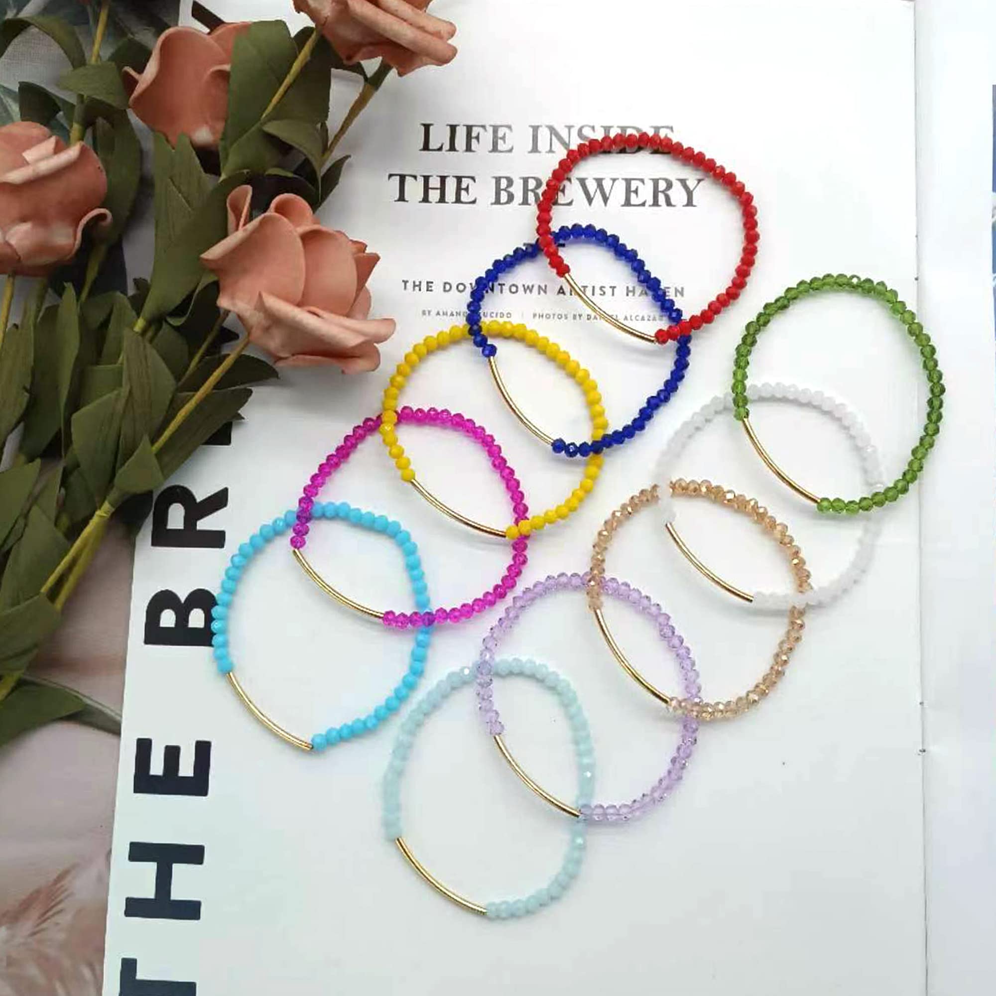 MOZAKA 20Pcs Tiny Crystal Beaded Bracelets for Women Bohemian Stackable Stretch Multicolor Versatile Crystal Strand Beads Bracelets For Women Gifts Jewelry