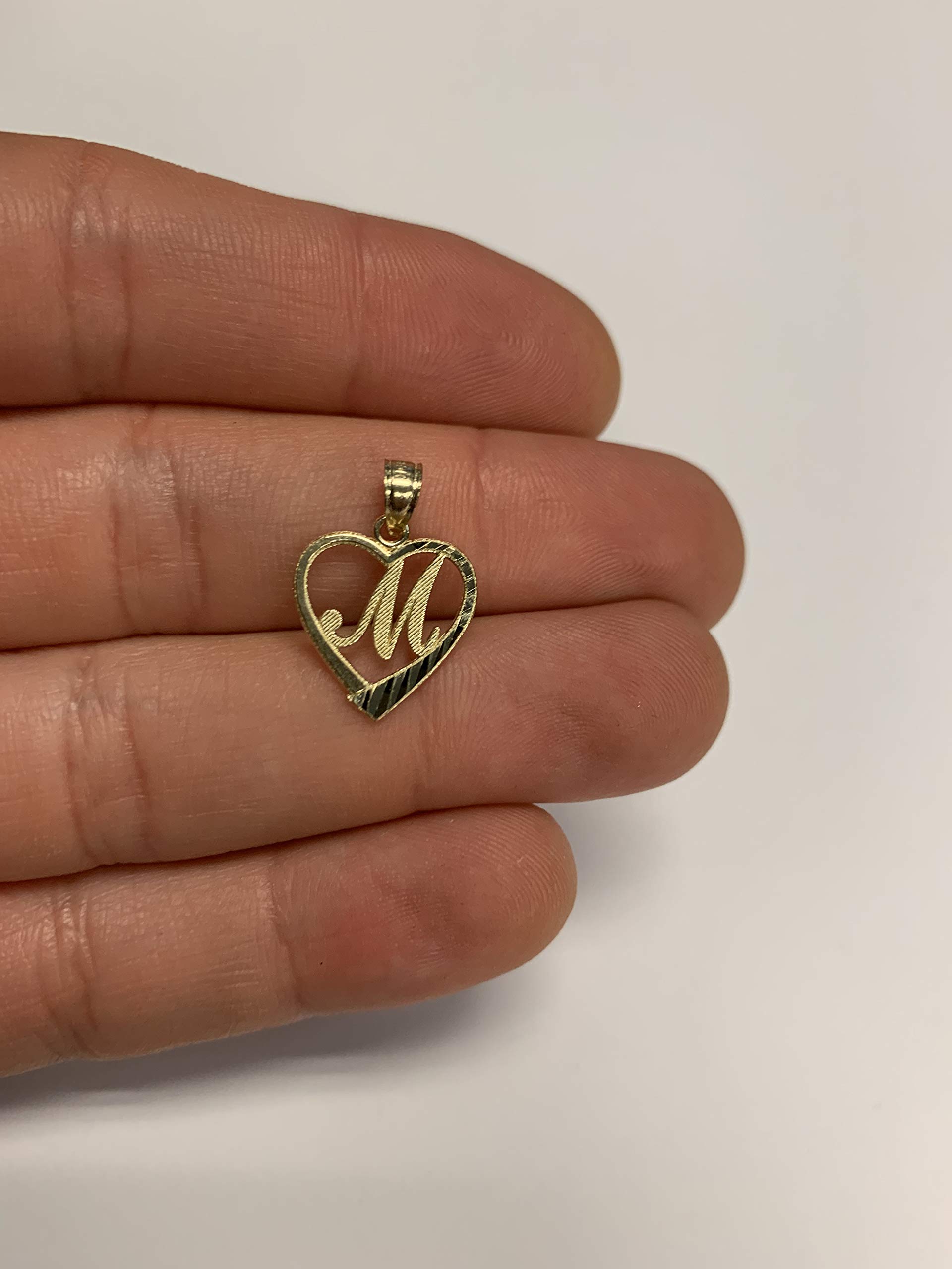 Ice on Fire Jewelry 10k Solid Gold Initial Pendant in Heart Frame with Diamond Cut Finish, Available in Different Letters of Alphabet Personalized Charm for Women (M)