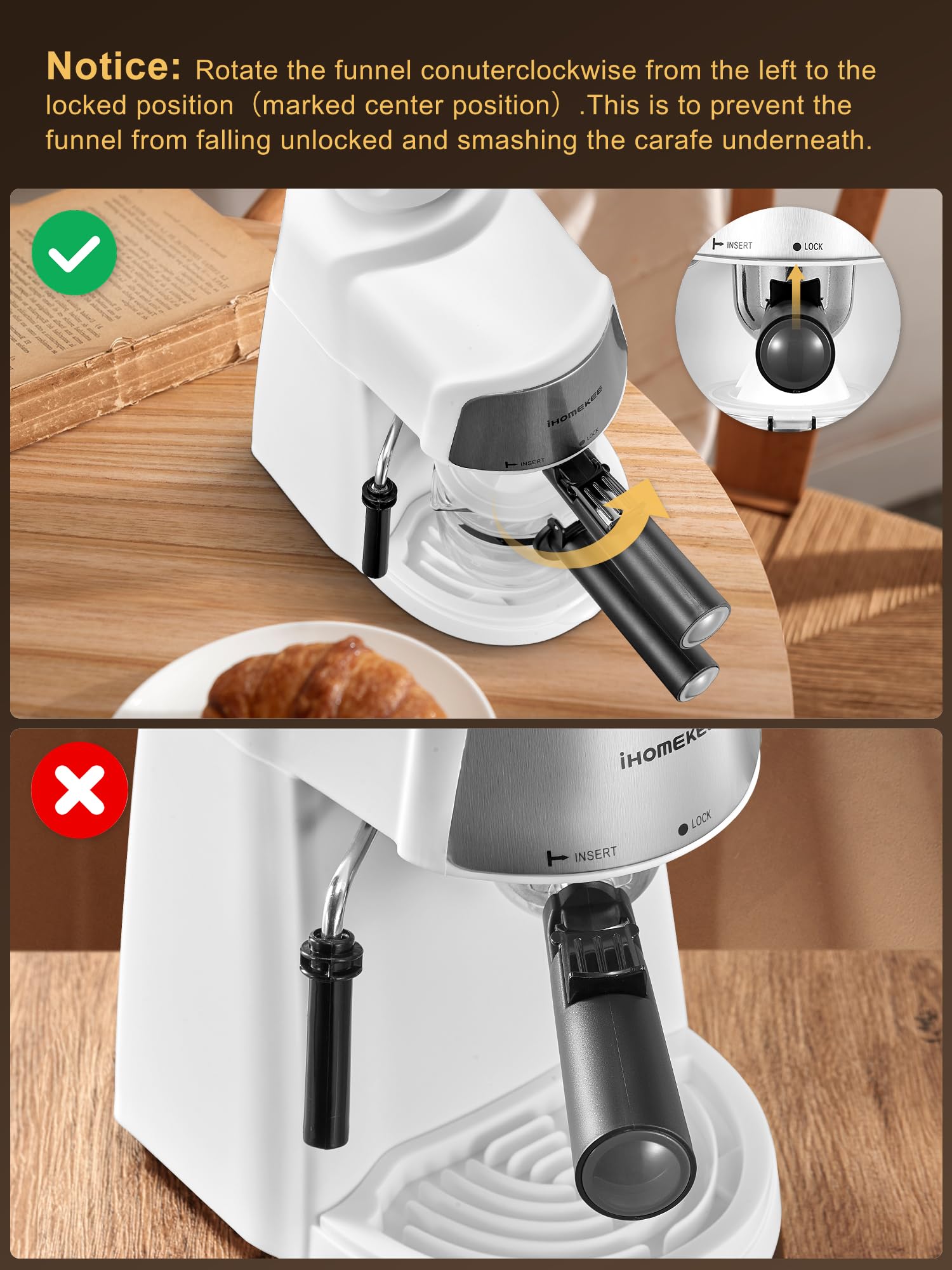 Ihomekee Espresso Machine, 3.5Bar Espresso and Cappuccino Machine with Preheating Function, 4 Cup Coffee Maker with Milk Frothing Function and Steam Wand (White), CM6810