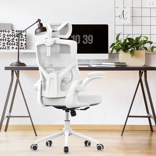 π―πΆπ΄π¬ πΆπππ°πͺπ¬ πͺπ―π¨π°πΉ, Ergonomic Mesh Desk Chair, High Back Computer Chair- Adjustable Headrest with Flip-Up Arms, Lumbar Support, Swivel Executive Task Chair (Modern, White)