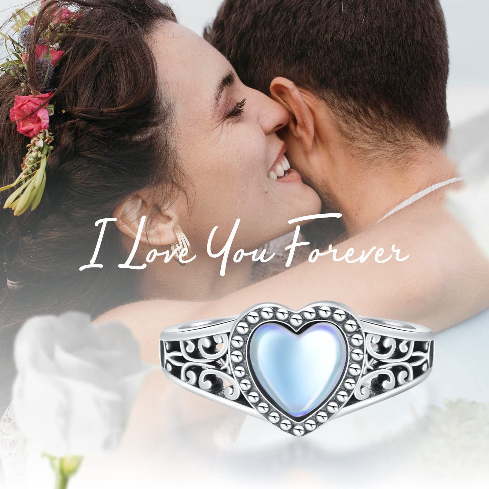 LONAGO Created Moonstone Ring 925 Sterling Silver Heart Shaped Vintage Ring Jewelry (Size 9)