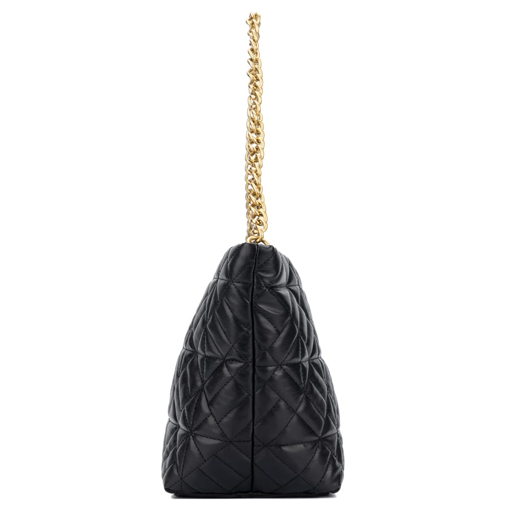 Olivia Miller Women's Fashion Mina PVC Quilted Black Shoulder Tote Bag w Chunky Gold Chain Strap, Medium Weekender Casual Purse Handbag