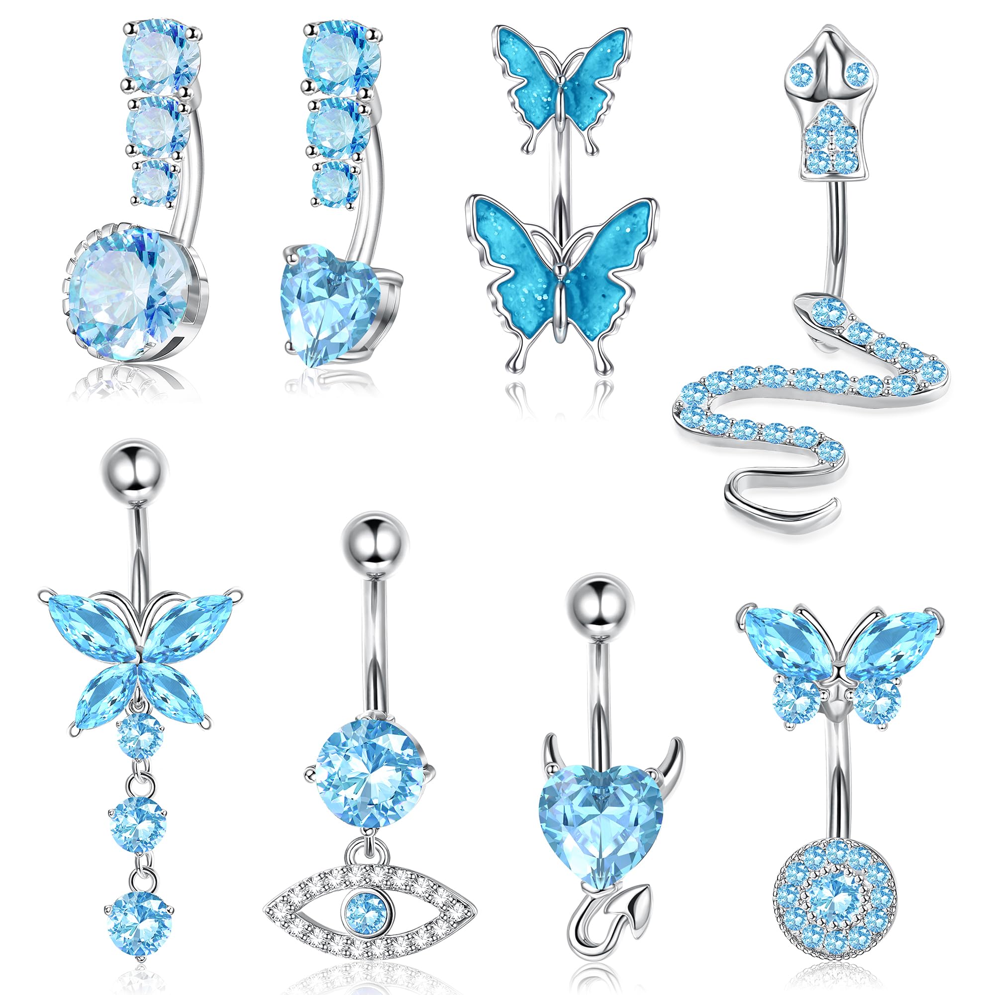 LOLIAS 14G Belly Button Ring Dangling 14K Gold Plated Classic Paved CZ Navel Rings Trendy Snake Butterfly Belly Button Rings Pack for Women,Gold