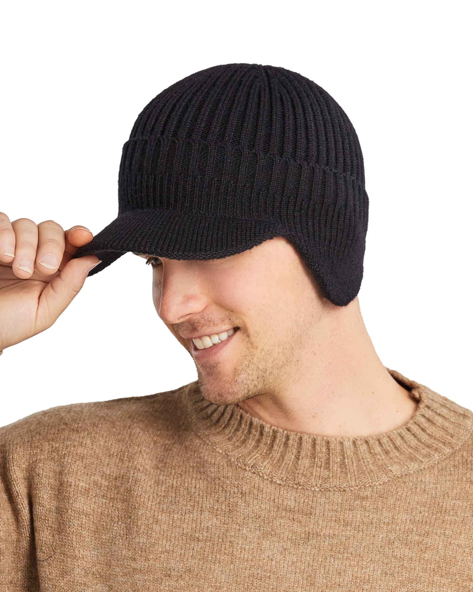 Koreshion Men's Winter Visor Beanie Hat with Earflaps Knit Baseball Cap with Brim Ski Hat Warm Fleece Lined Hunting Hat Black