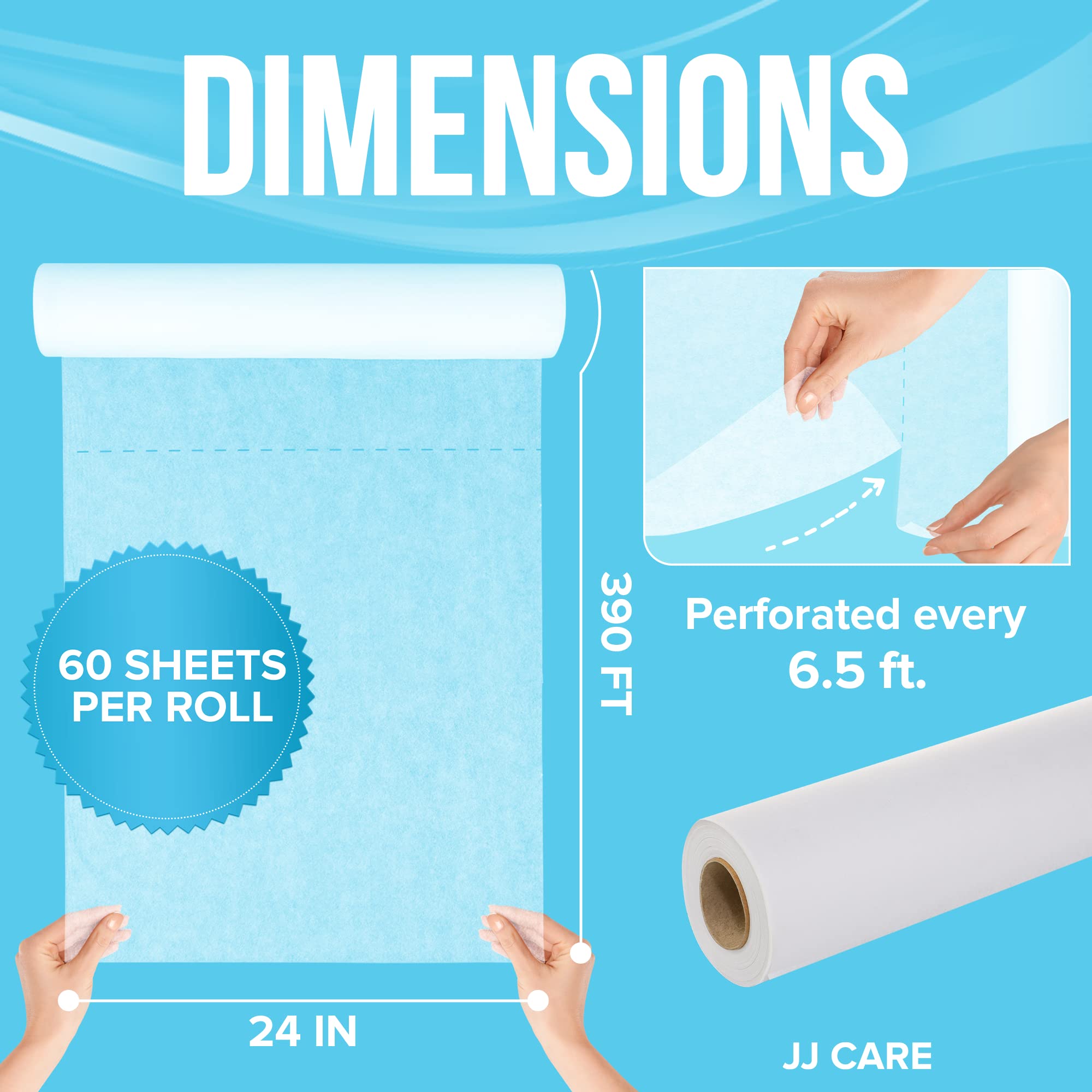 JJ CARE Disposable Massage Table Sheets - 60 Sheets [24" x 390 feet, 1 Roll] - 50% Thicker Perforated Massage Bed Cover, Non-Woven Disposable Roll for Massage Table for Waxing, Facial, Tattoo, & Spa