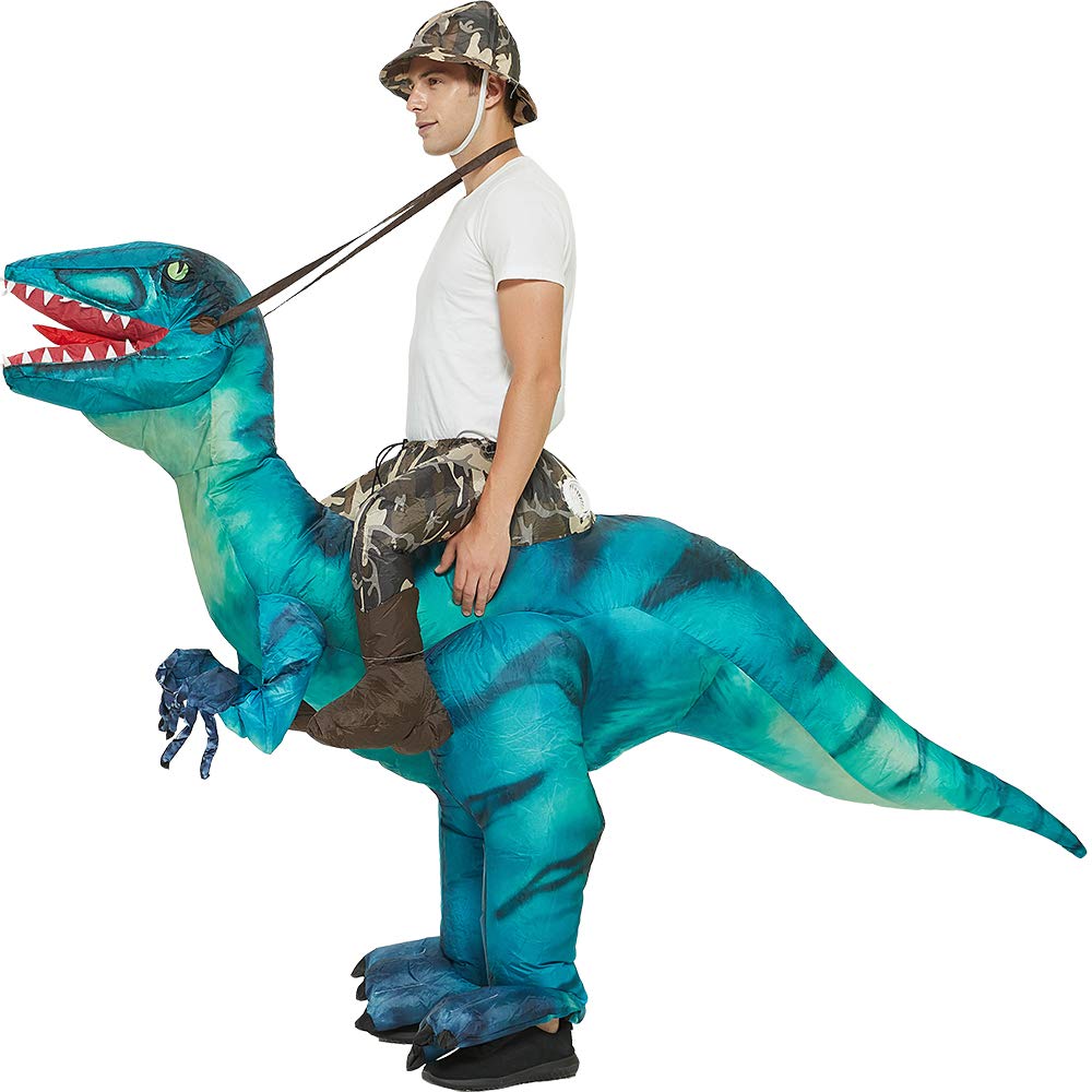 Inflatable Dinosaur Rider Costume Halloween T-Rex, Velociraptor, Blow Up with Inflation Fan (Blue)