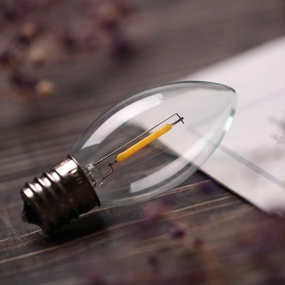iSoptox 25 Pack Waterproof Clear E12 C7 LED Bulb Outdoor, Candle Mini LED Night Light Bulb 4w 5w 6w 7w 15w Equivalent, Candelabra C7 LED Replacement Bulbs Christmas Light 0.6W 120v Warm White 2700K