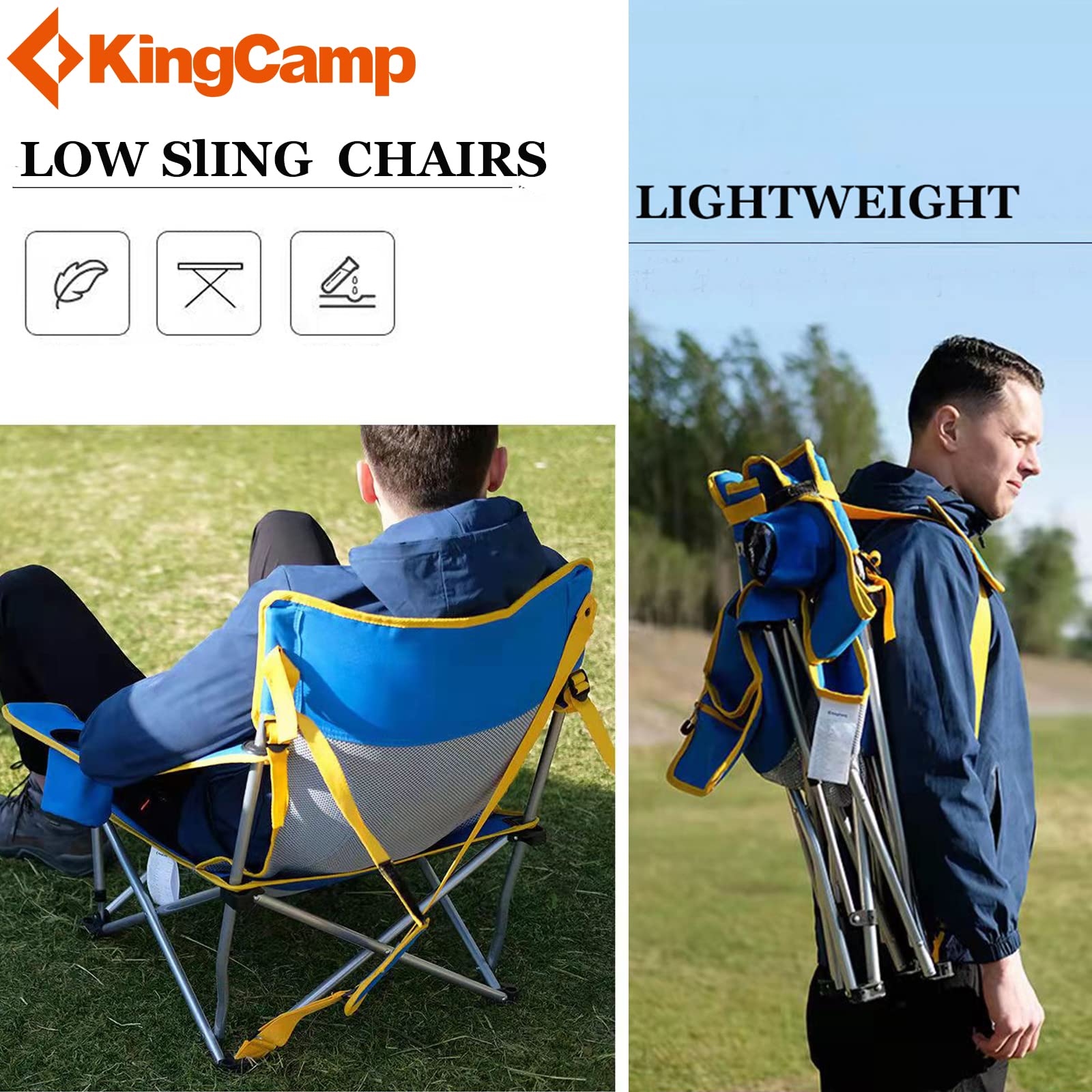 KingCamp Low Sling Beach Chairs Portable Light Weight Camping Camp Chairs with Cup Holder & Front Pocket for Outdoor