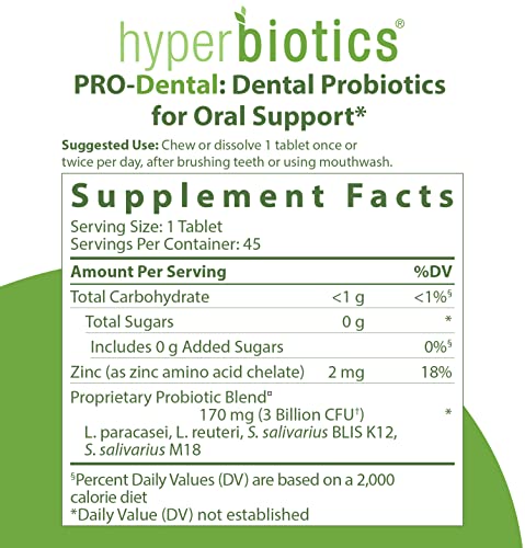 Hyperbiotics Pro Dental Probiotic with BLIS K12 and M18 | Premium Vegan Oral Probiotic for Teeth and Gums | Bad Breath Treatment for Adults | Sugar Free | Mint Chewable Tablet | 45 Count