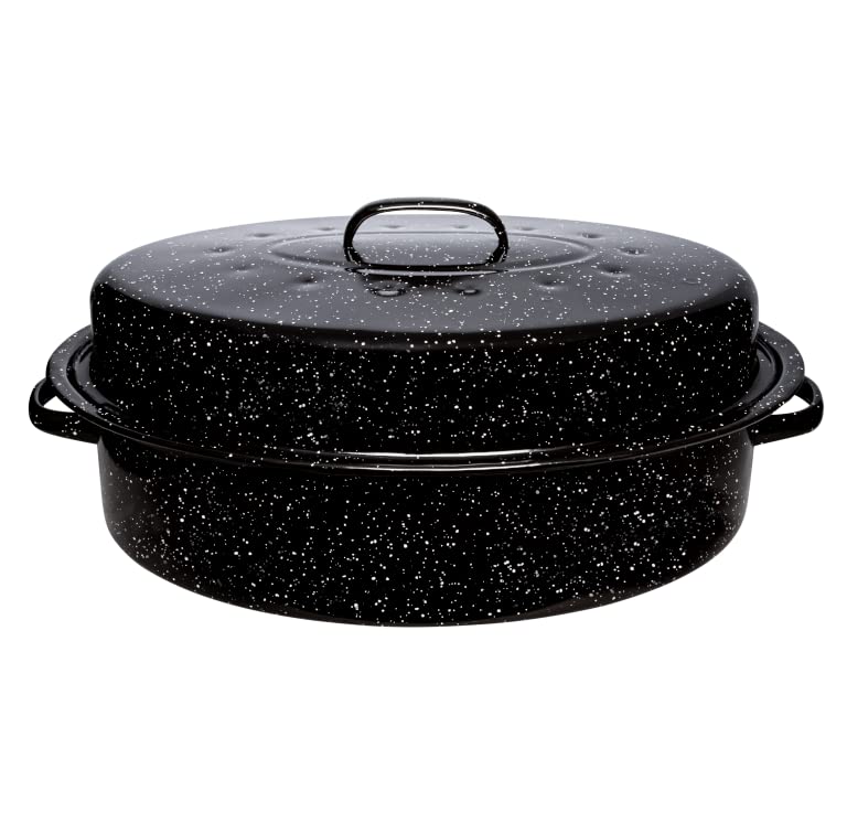 Millvado Roasting Pan With Lid, Turkey Roaster Pan, Extra Large 18 lb Capacity, 18" Granite Oven Roaster Oval Shaped Speckled Enamel on Steel Cookware