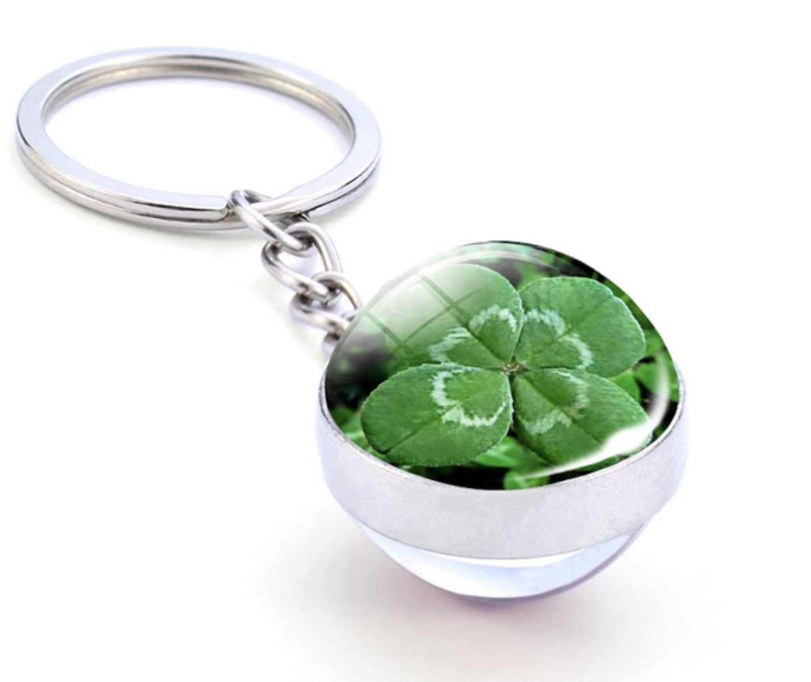 Lucky Clover Keychain Four Leaf Clover Glass Ball Double Side Pendant Metal Keyring Lucky Jewelry Gift, Green