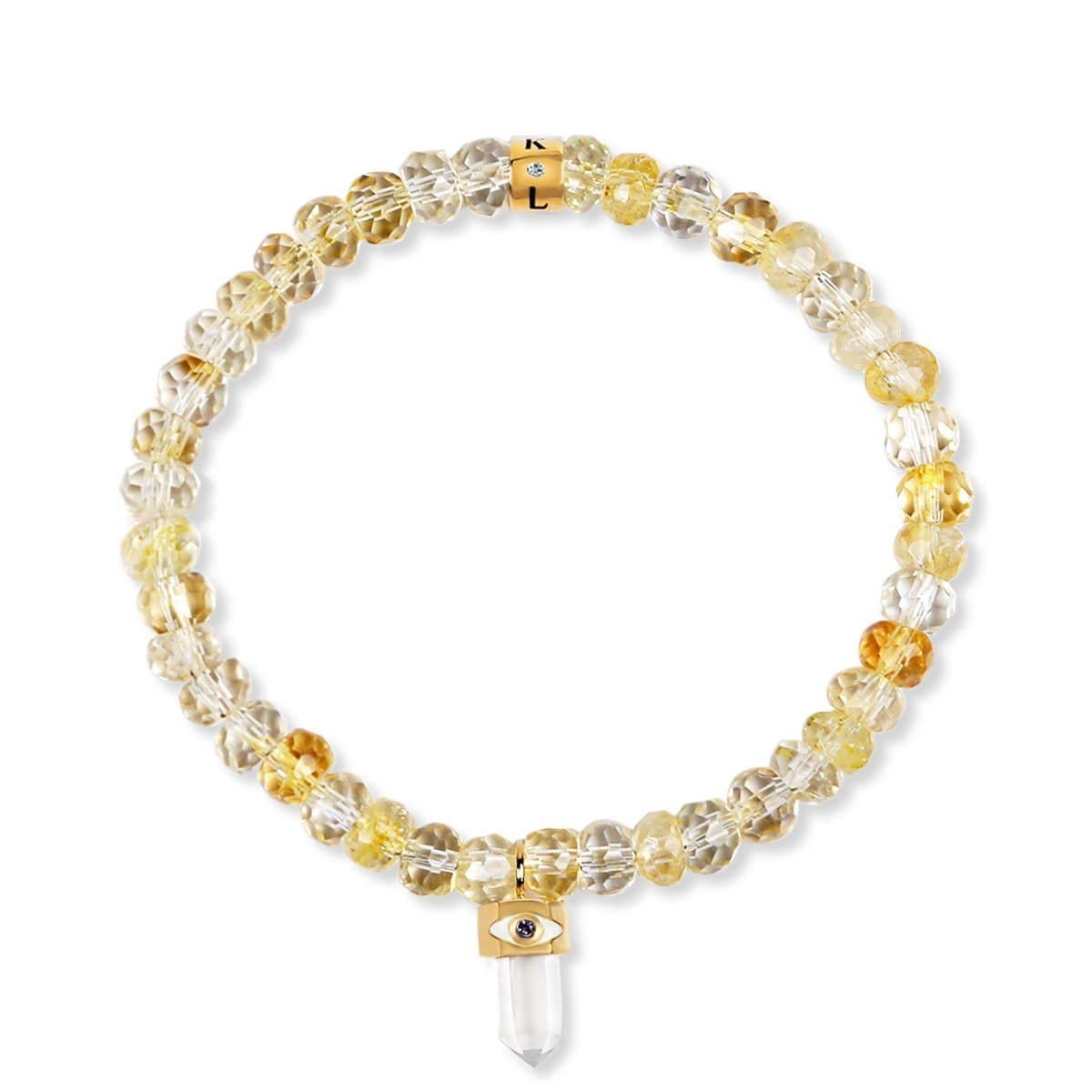 KARMA AND LUCK - Women's Genuine Citrine 18K Gold Plated Brass Real Stone Evil Eye Pointer Charm Beaded 6.75" Bracelet with a Gorgeous Embedded Diamond Chip (1-1.5 mm)